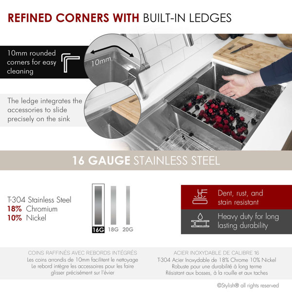 Stylish Versa Undermount 36'' Stainless Steel Double-Bowl Kitchen Sink ...