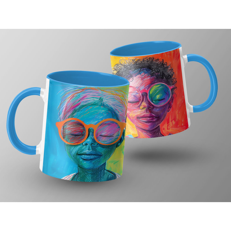 East Urban Home Set of 3 Kids Drawing Style 11oz Accent Mugs – White ...