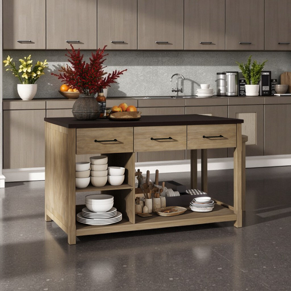 Gracie Oaks Expandable Kitchen Island with Built-In Power Outlets ...