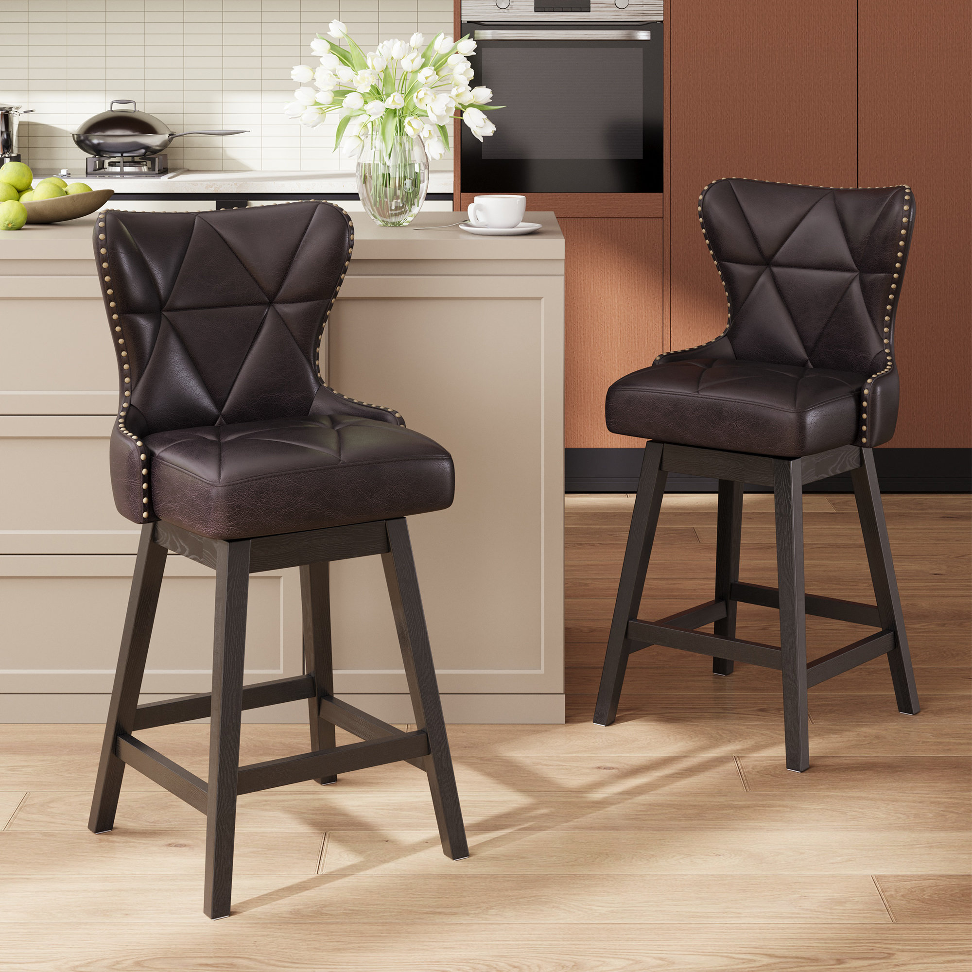 George Oliver Modern Swivel Upholstered Leather Wingback Bar Stool with ...