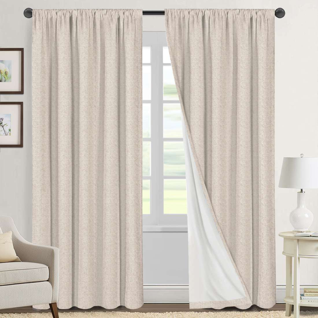 Ebern Designs Linen Look 100% Blackout Curtains for Bedroom Full Light ...