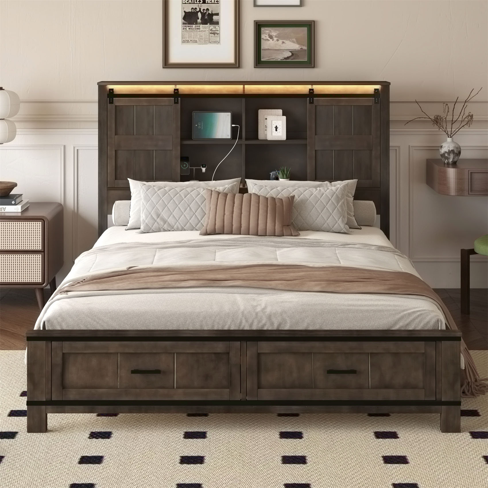 Gracie Oaks Wood LED Platm Bed with Barn Door Design Headboard and ...