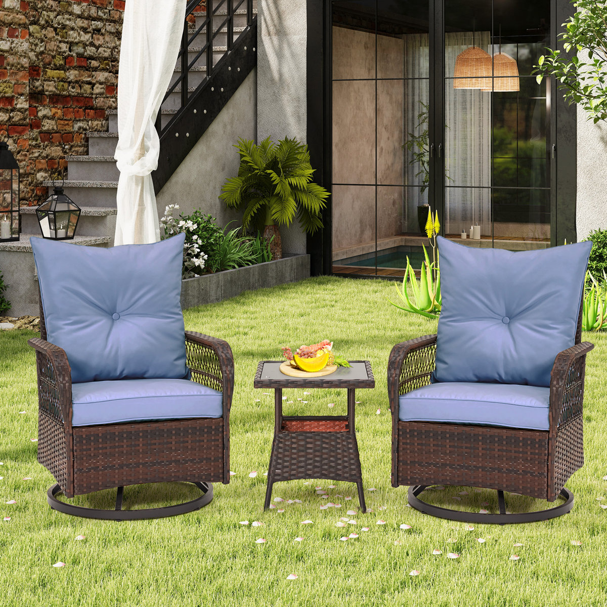 EROMMY 3 Pieces Patio Swivel Rocker Rattan Chairs, Outdoor Swivel ...