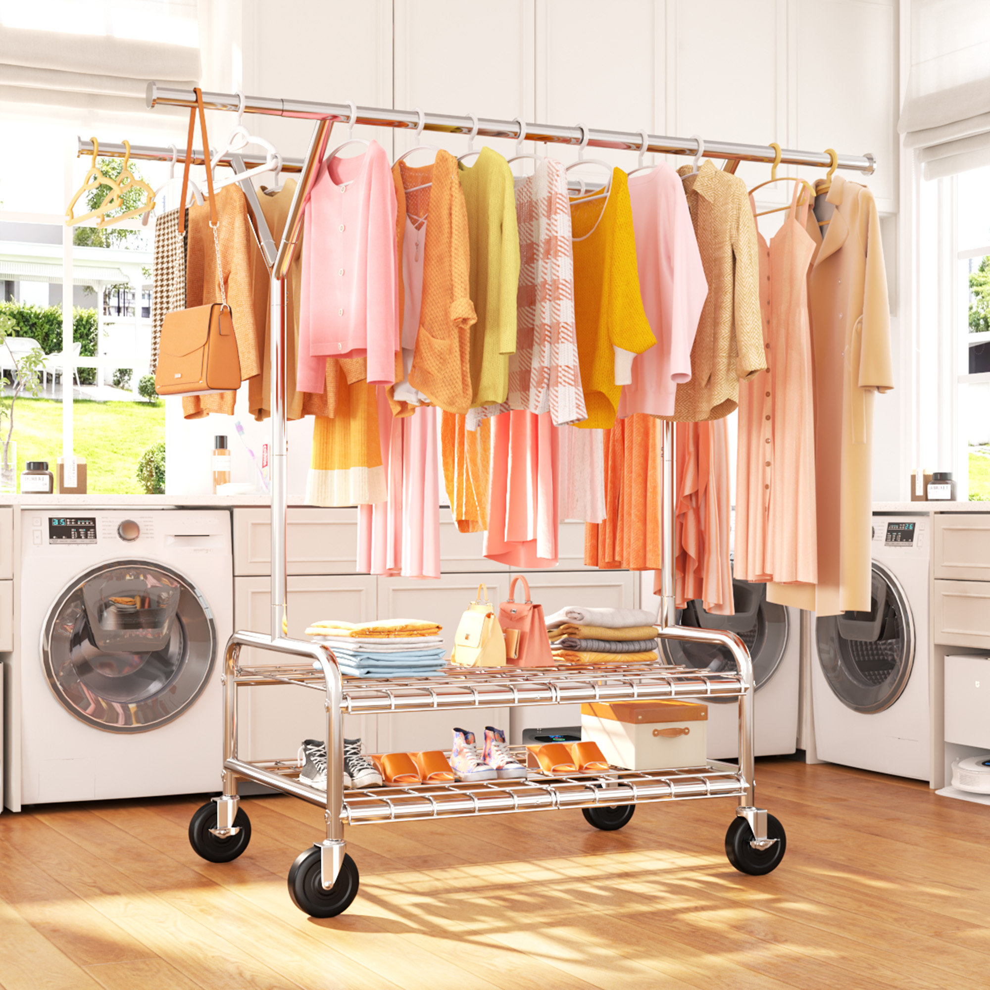 Rebrilliant 72"h Rolling Clothes Rack With Shelves Heavy Duty Clothing ...