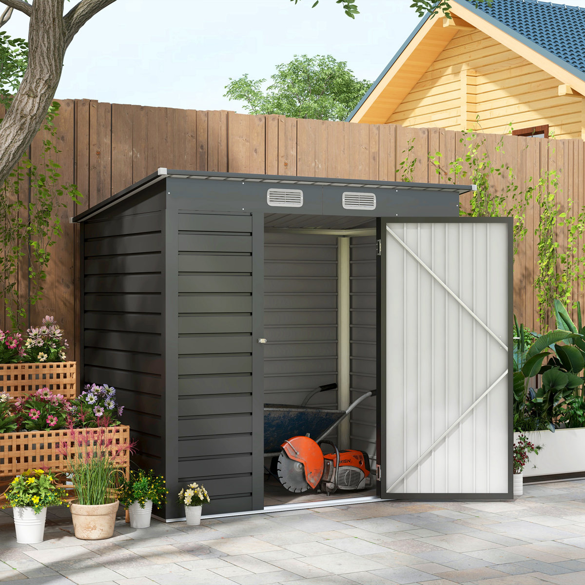 Outsunny 6 ft. 3 in. W x 4 ft. 3 in. D Galvanised Steel Pent Storage ...