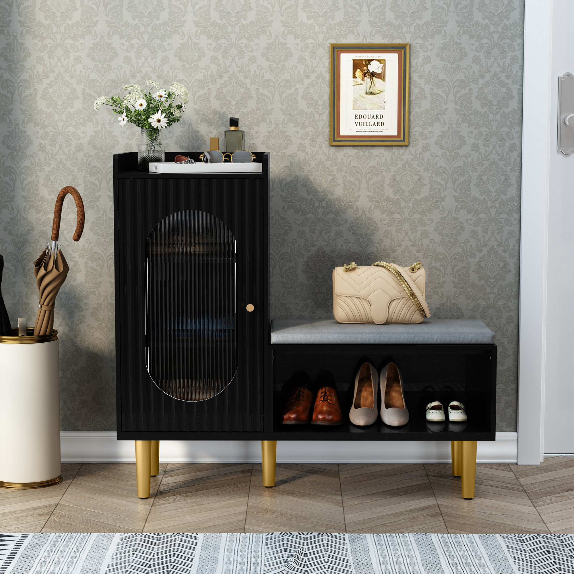 Mercer41 Tokie Modern Entryway Shoes Cabinet Bench with Glass Door ...