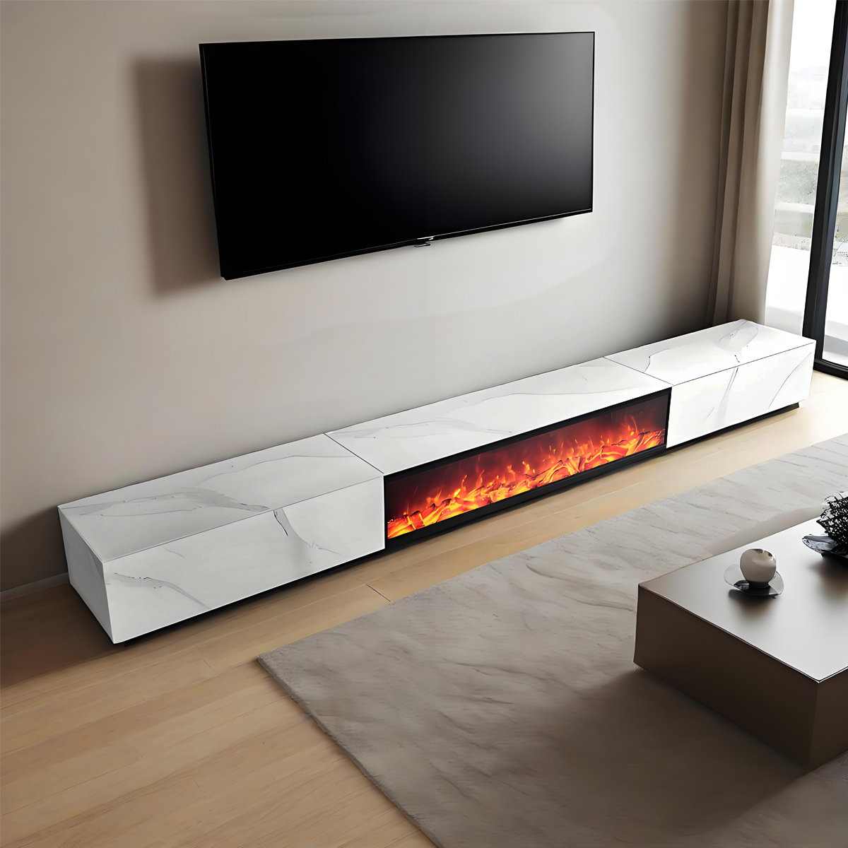 Orren Ellis Italian Marble TV Cabinet with Built-in Electric Fireplace ...