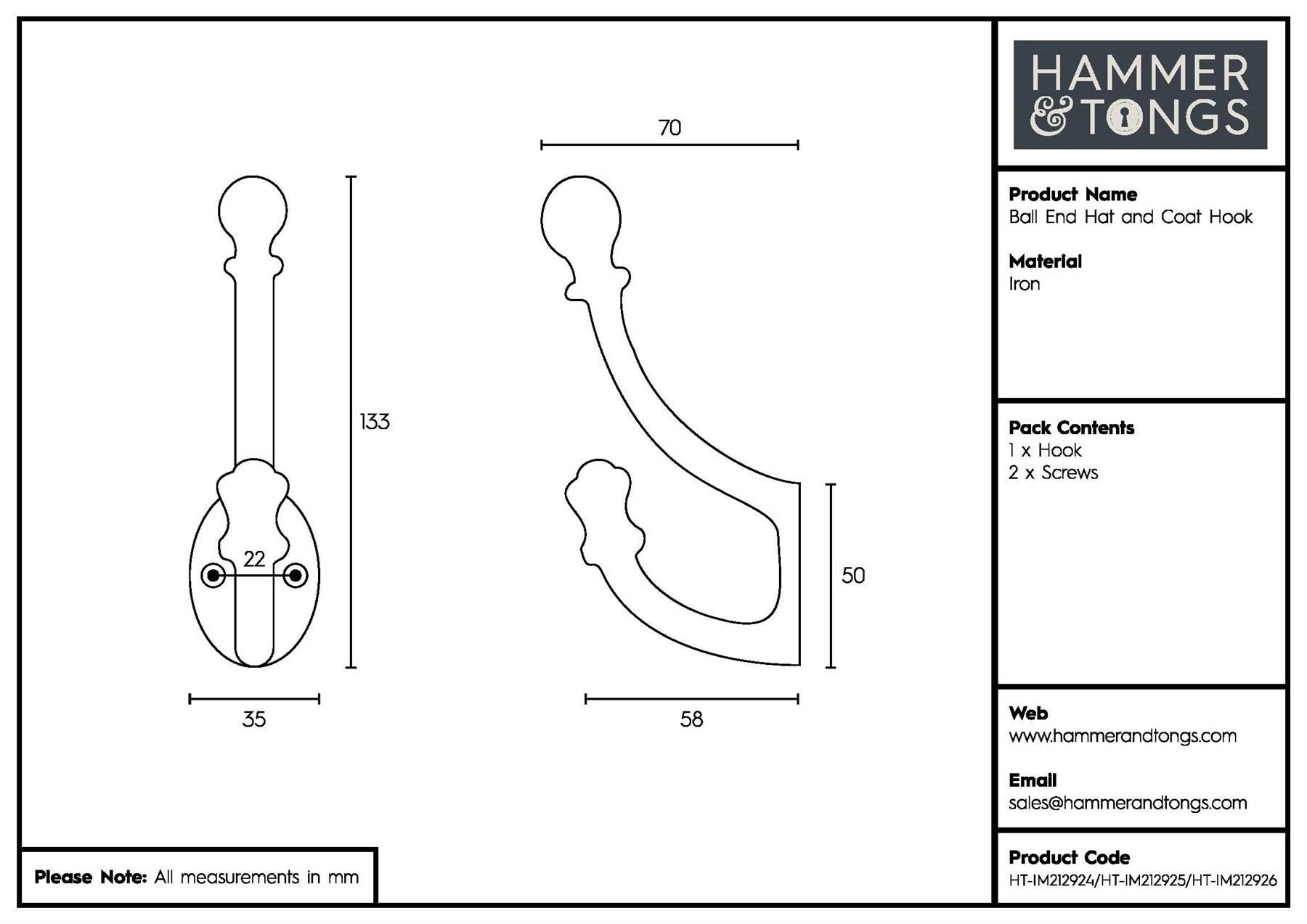 Hammer and Tongs Hammer & Tongs - Ball End Hat & Coat Hook - W35mm x ...