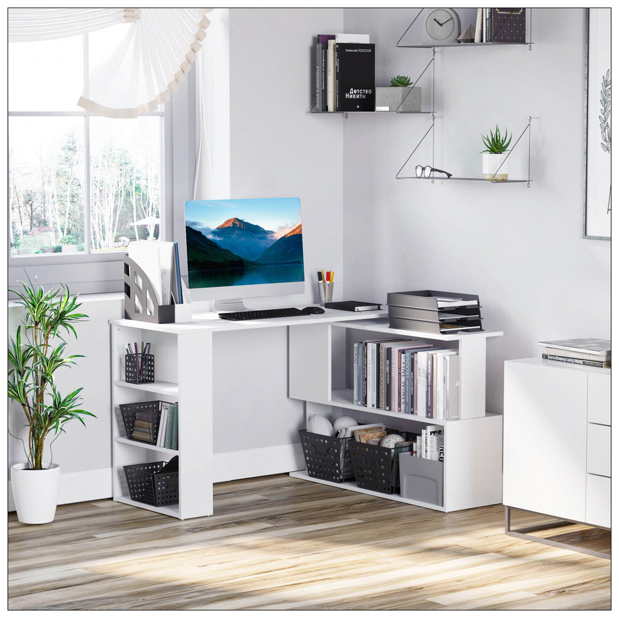 17 Stories Versatile L-Shaped Rotating Desk With Shelves For Efficient ...