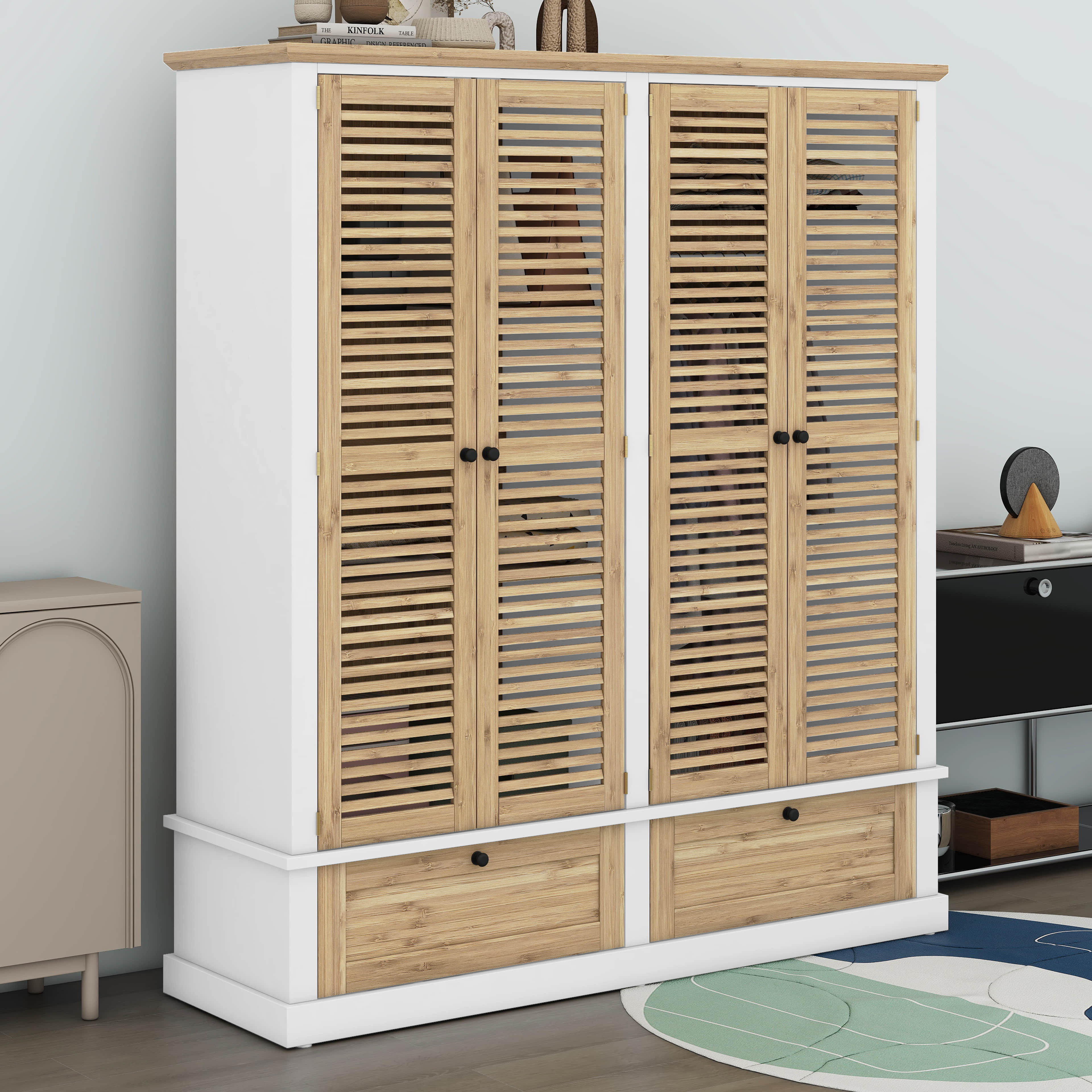 Dovecove Wardrobe Closet,4 Shutter Door Storage Cabinet With 2 Drawers ...