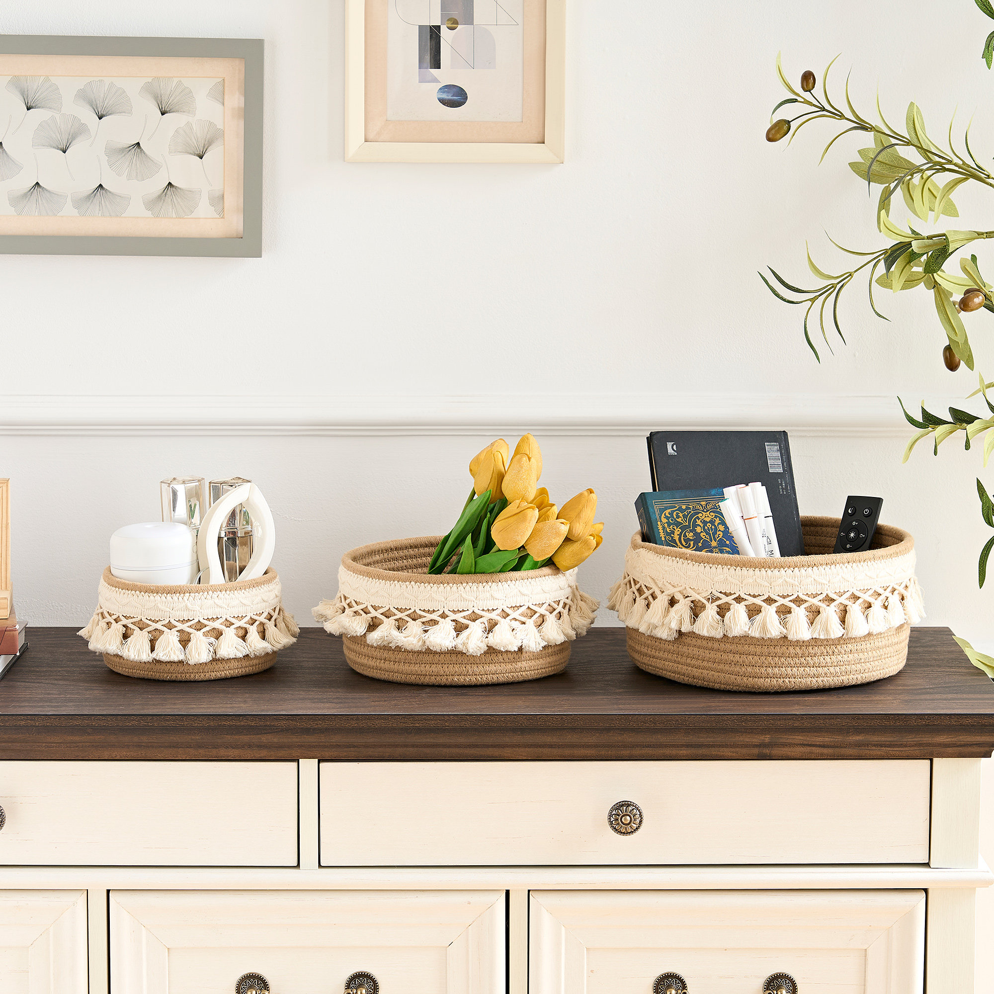 Highland Dunes 3 Pack Cotton Rope Baskets Bohemian Basket Organizing ...