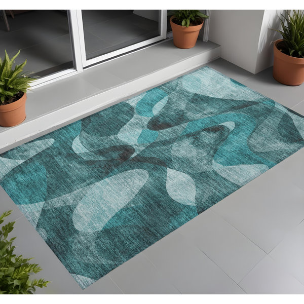 HomeRoots 2' X 3' Teal Abstract Washable Non Skid Indoor Outdoor Area ...