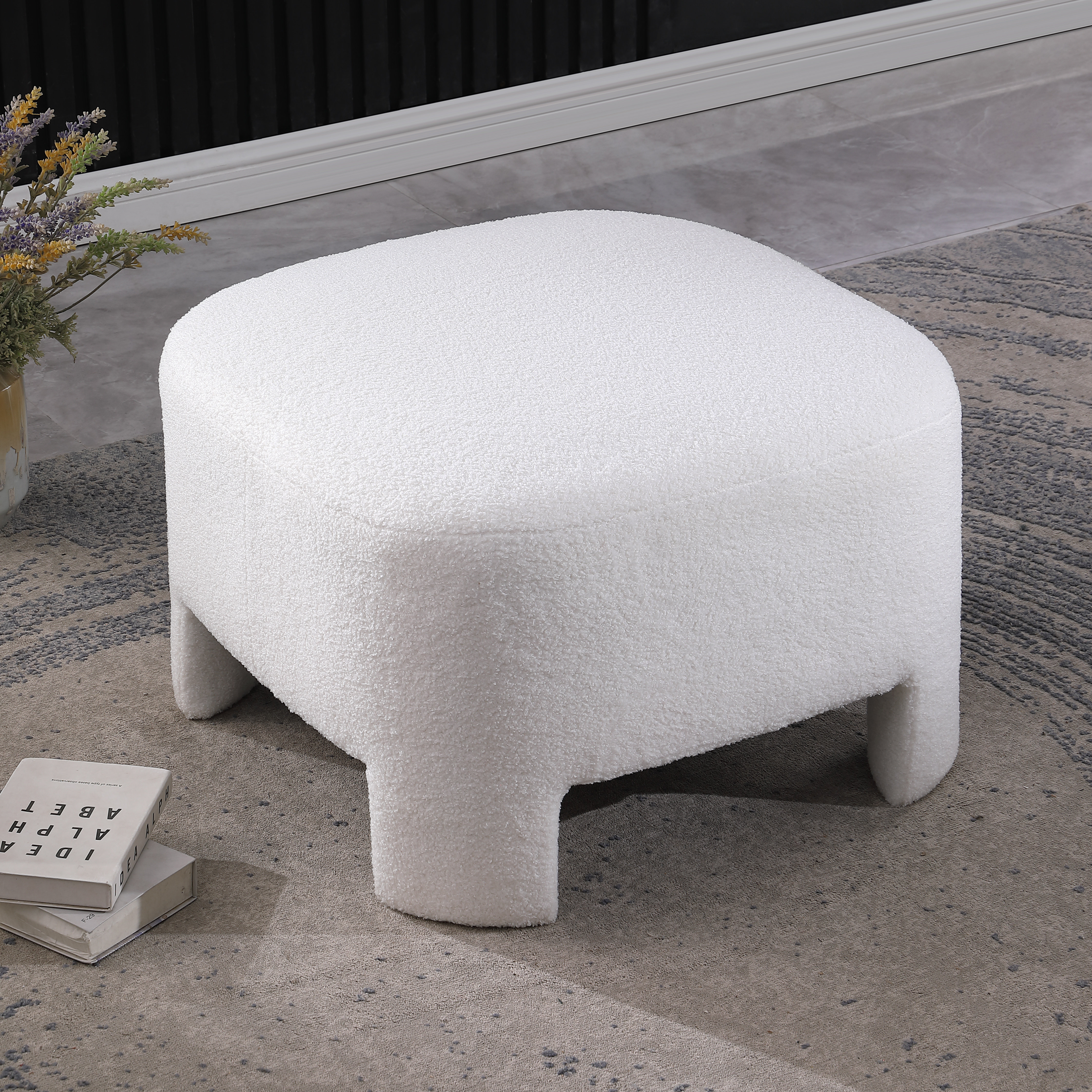 George Oliver Plush Chenille Ottoman | Modern White Footrest Stool ...