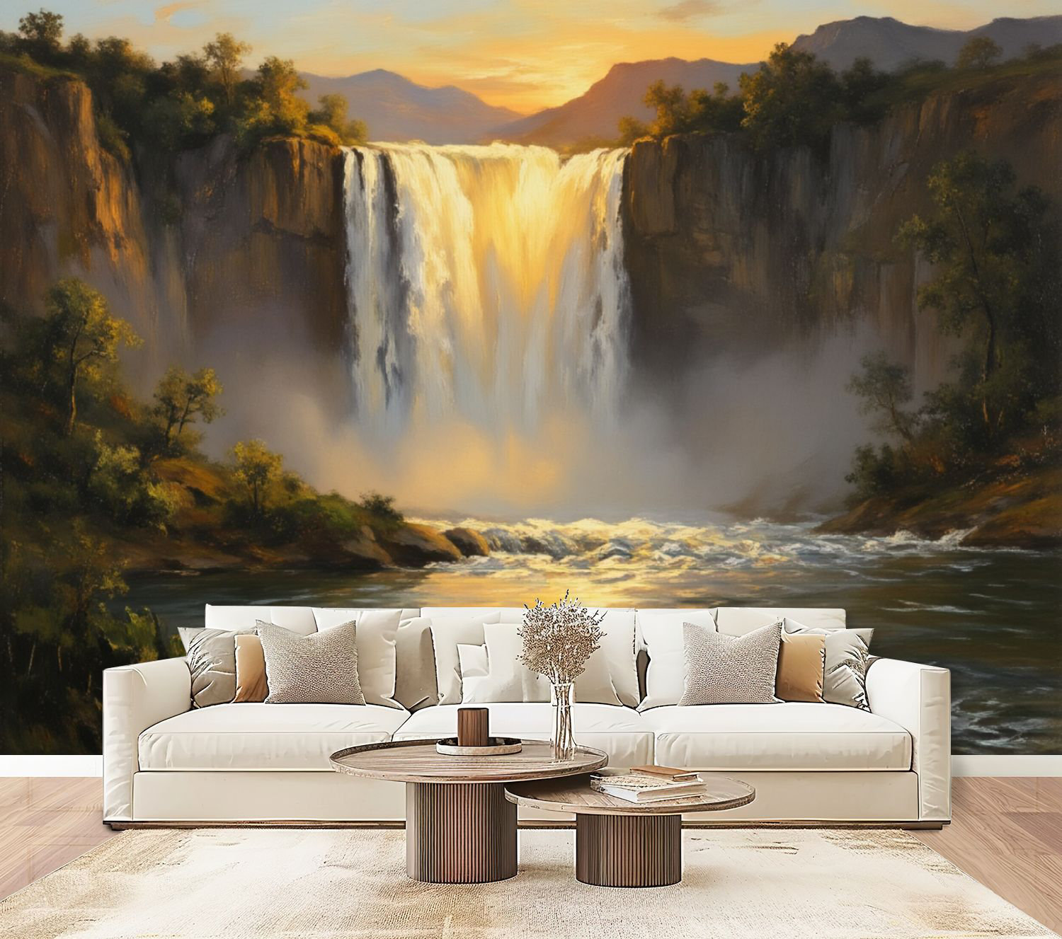 Red Barrel Studio® Peel and Stick Wallpaper Golden Sunset Waterfall ...