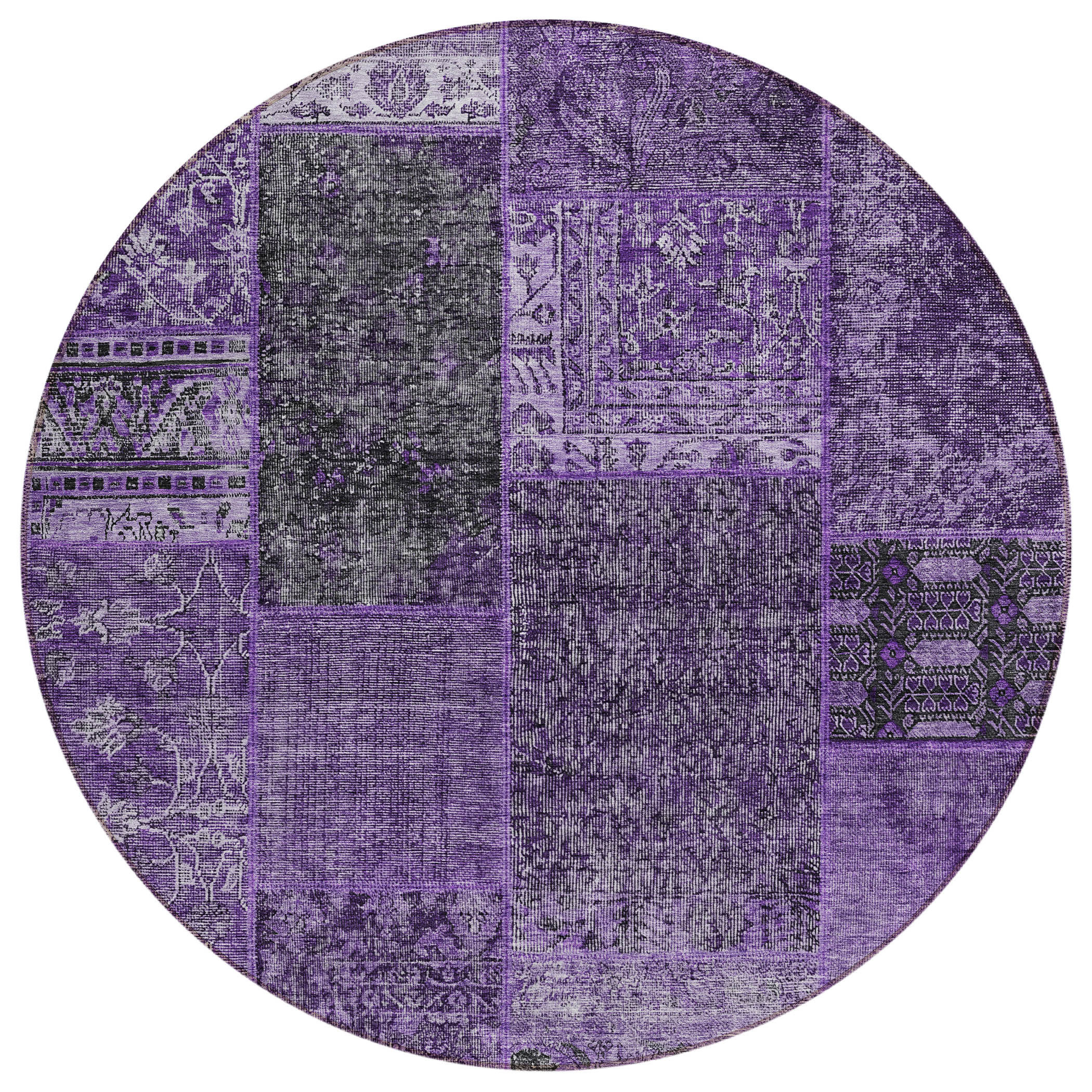 HomeRoots 8' Charcoal Round Patchwork Washable Indoor Outdoor Area Rug ...