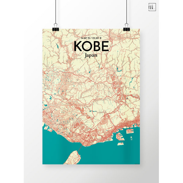 Wrought Studio 'Kobe City Map' Graphic Art Print Poster in Tricolor ...