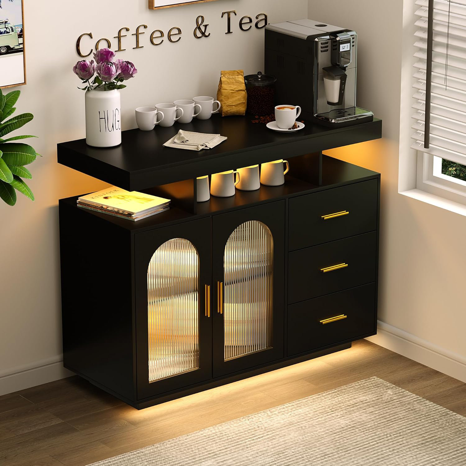 Ivy Bronx RGB LED Coffee Bar Cabinet Kitchen Storage Cabinet ...