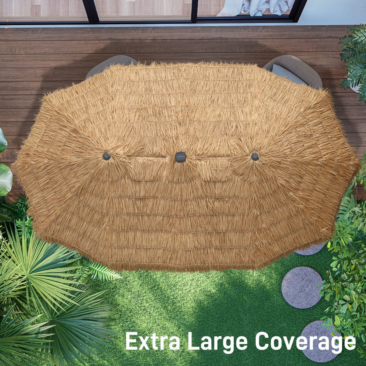 Arlmont & Co. 15FT Thatch Umbrella Tiki Bench umbrella With Base&Solar ...