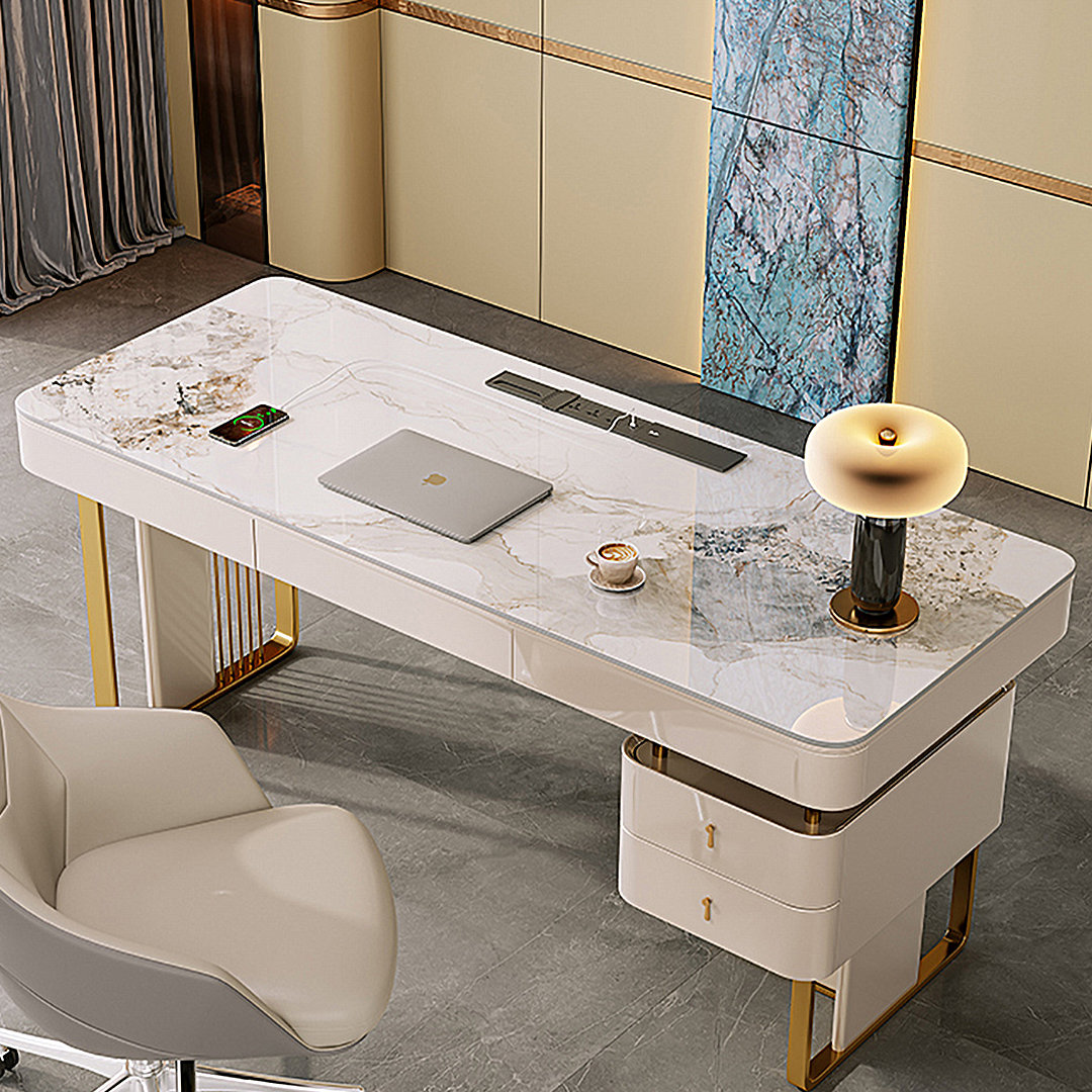 Brass Foam Beige Rectangle Sintered Stone Writing Desk,5-drawer ...