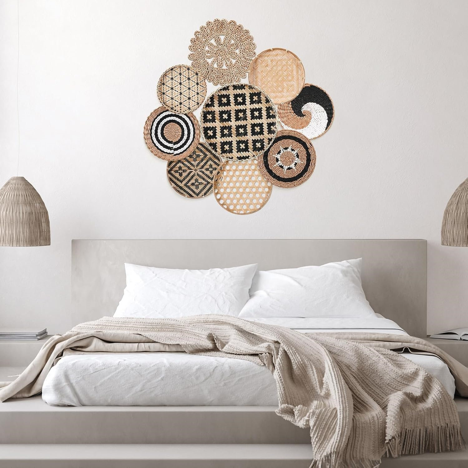 Dakota Fields Set Of 14 Boho Wall Basket Decor Round Flat Basket ...