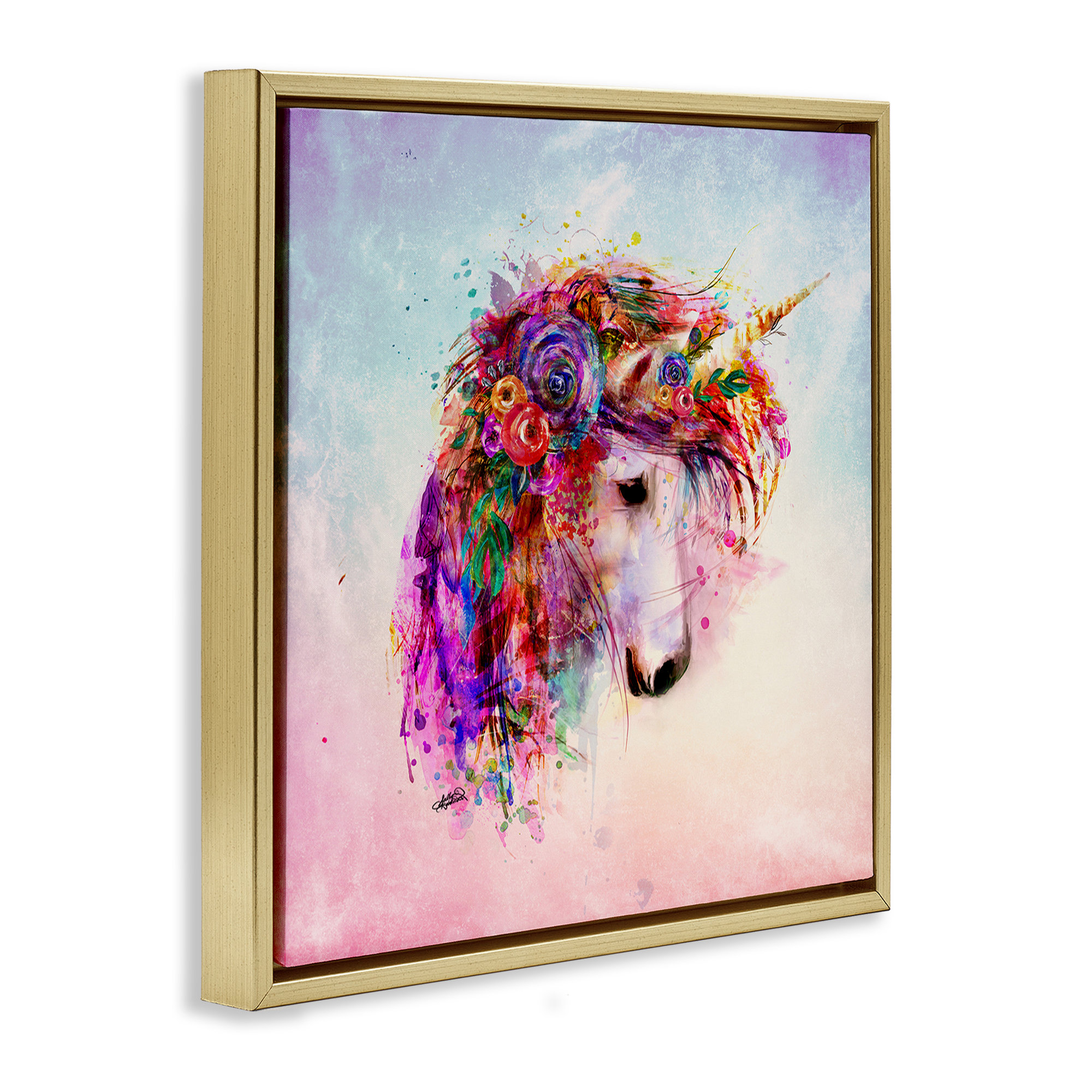 Trinx Abstract Unicorn with Florals Gold Framed Floater Canvas Wall Art ...