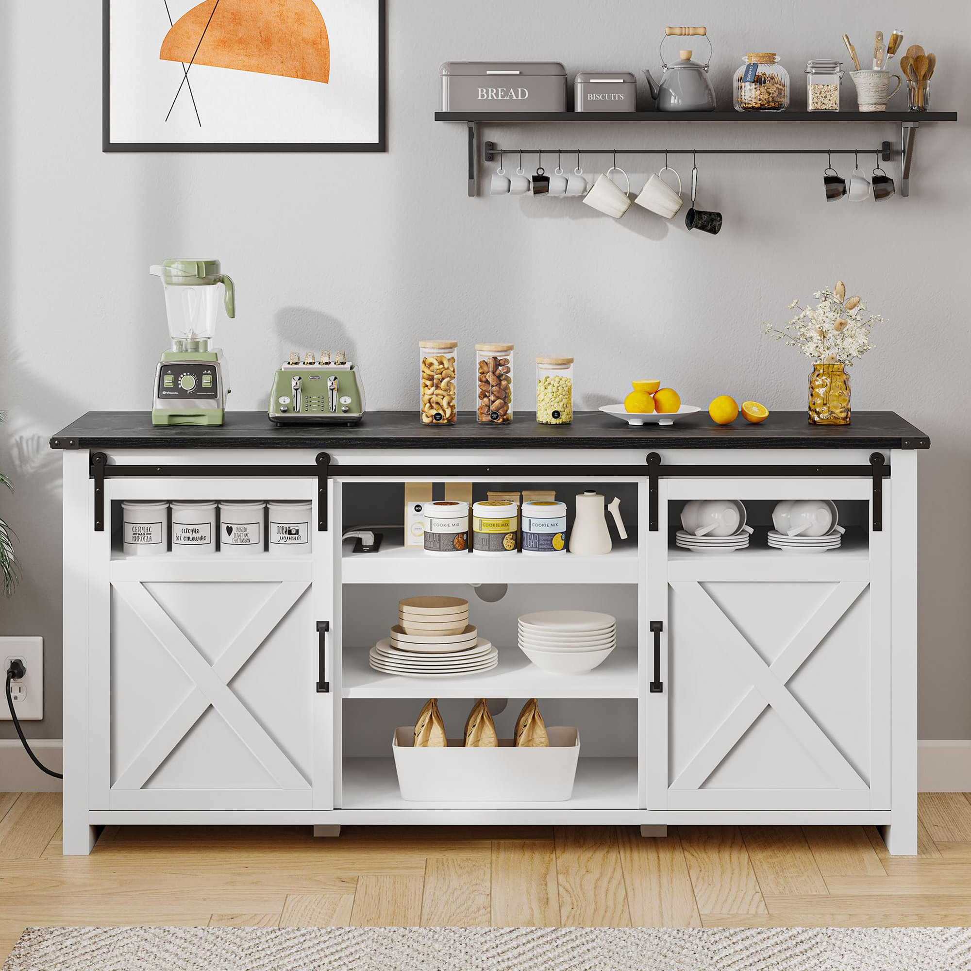 Gracie Oaks 66" Farmhouse Style Buffet with Electrical Outlets | Wayfair