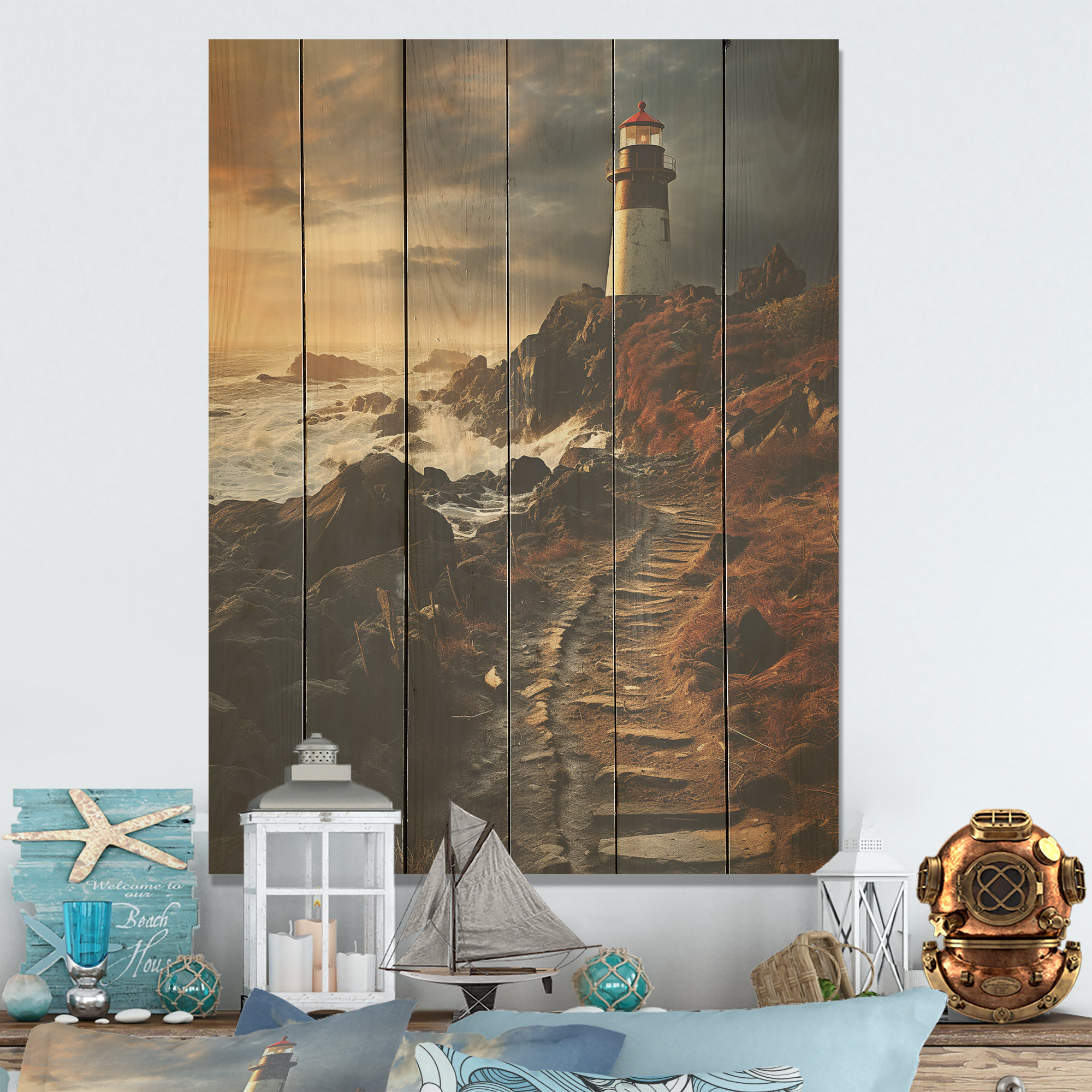 Ophelia & Co. Lighthouse Moody Scenery I - Lighthouses Wood Wall Art On Natural Pine Wood | Wayfair