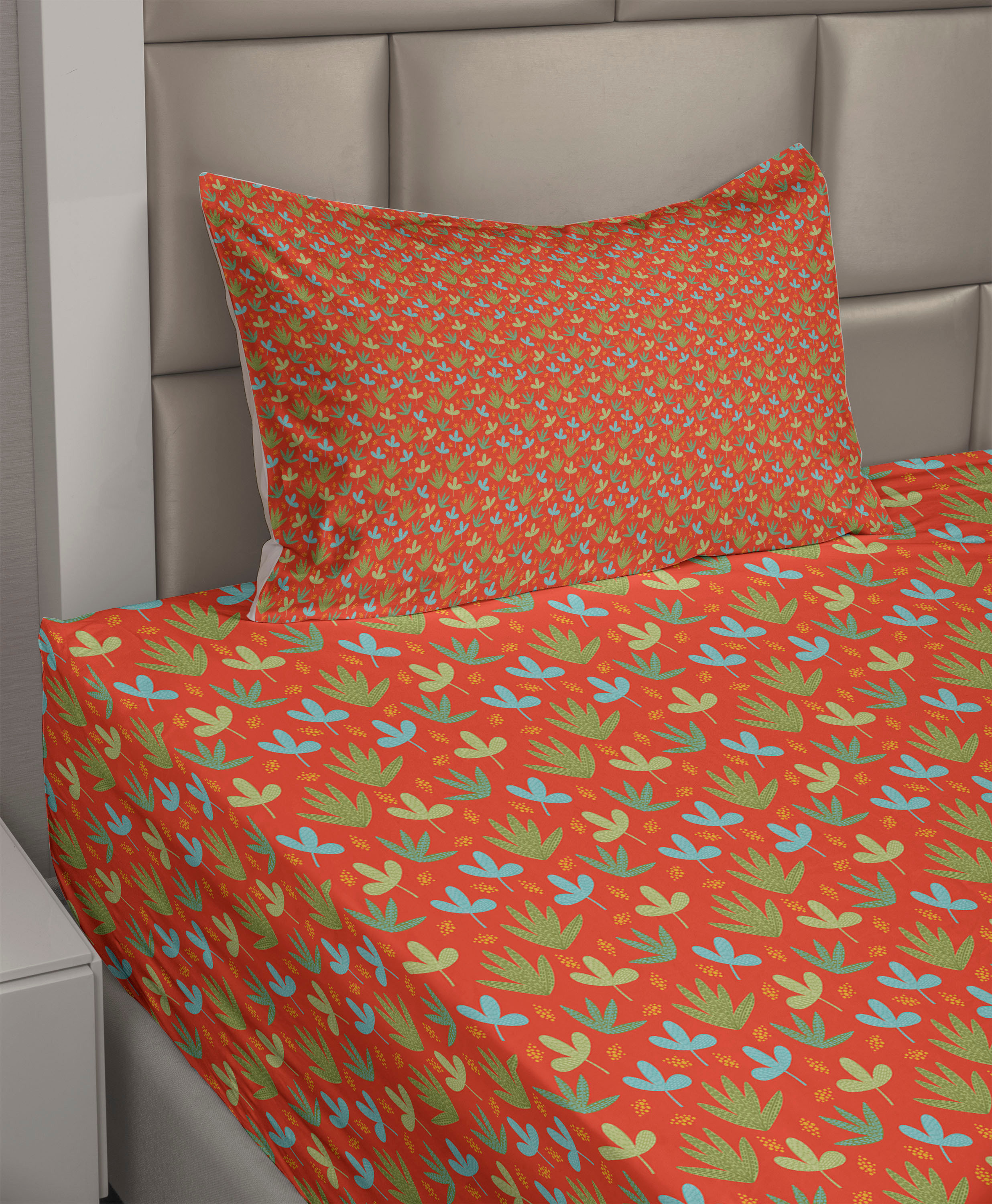 Ambesonne Tropical Sheet Set Minimalist Leaves Abstract Vermilion Slate ...