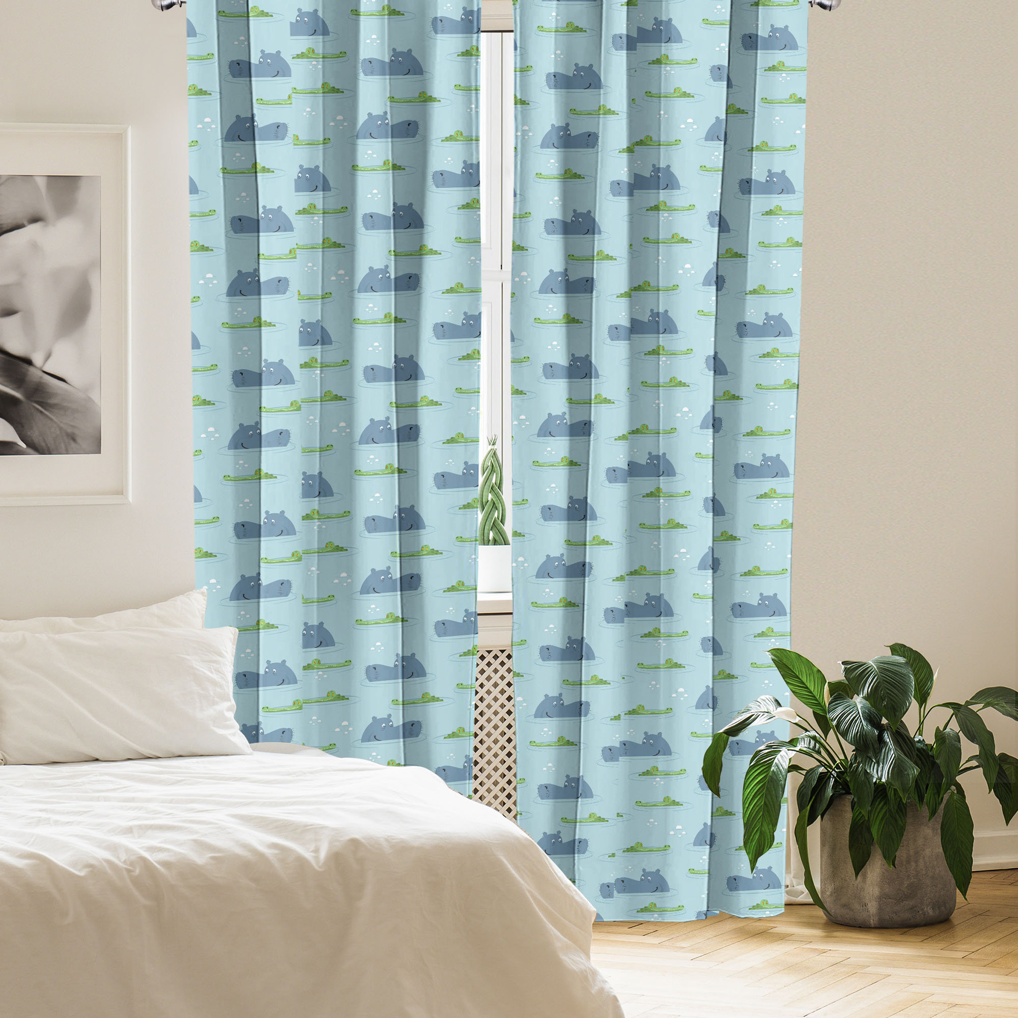 East Urban Home Animal 4-Panel Curtains, Hippo Crocodile in Water Slate ...