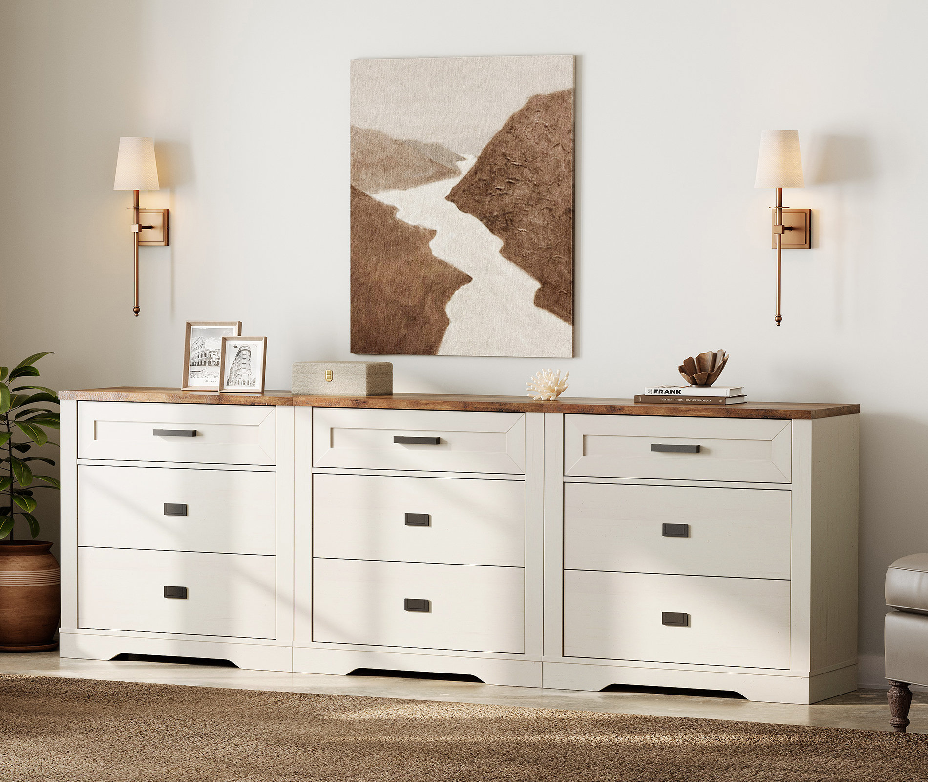 Gracie Oaks Laziza 3 in 1 Triple Dresser for Bedroom, Farmhouse 94 inch ...