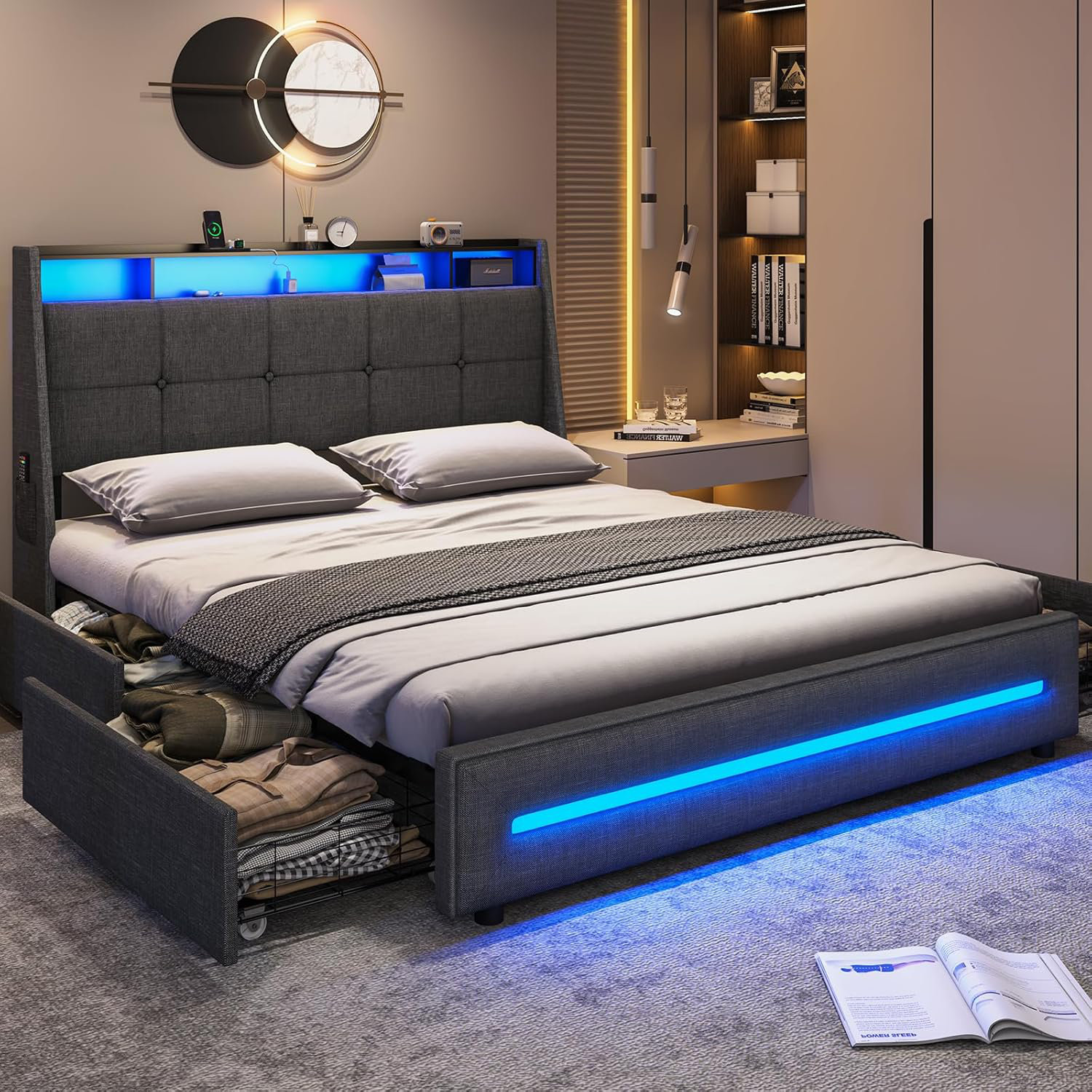 17 Stories LED Upholstered Platform Bed Frame with 4 Storage Drawers ...