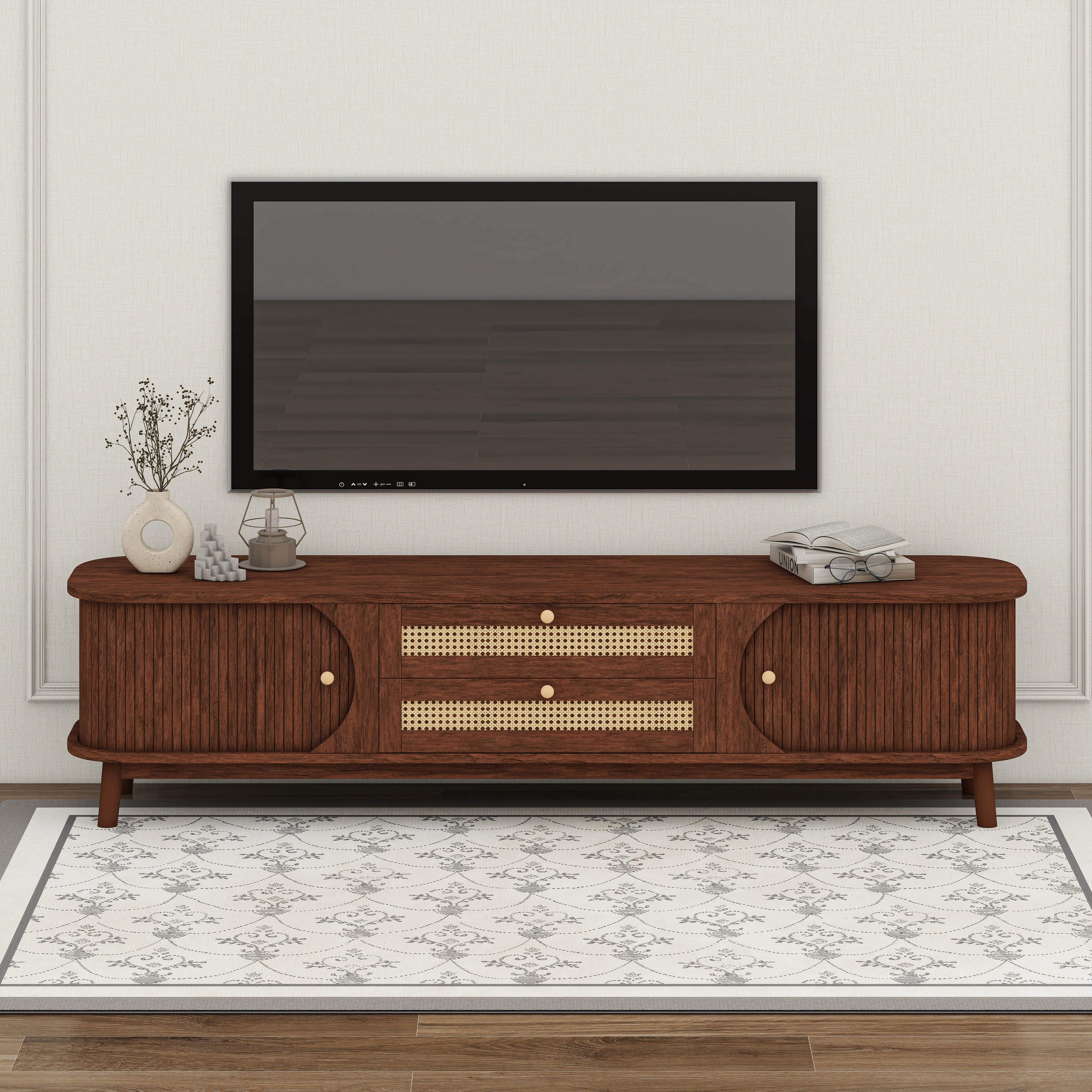 Dakota Fields Modern Fluted TV Stand With Rattan-Front Drawer | Wayfair