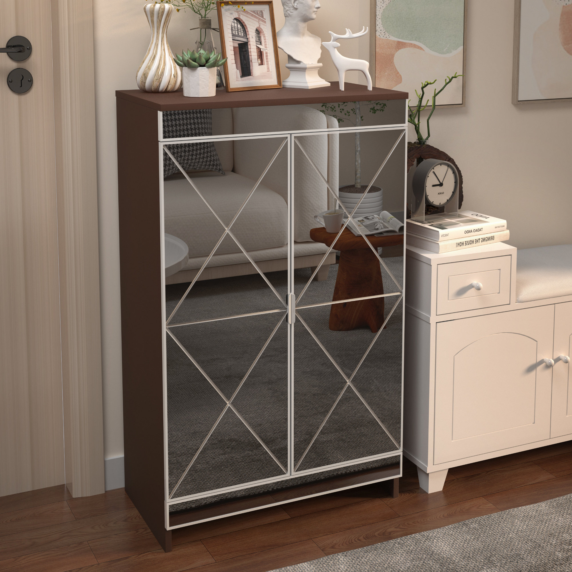 Hokku Designs Elegant Decor Mirrored Cabinet With Silver Edging ...