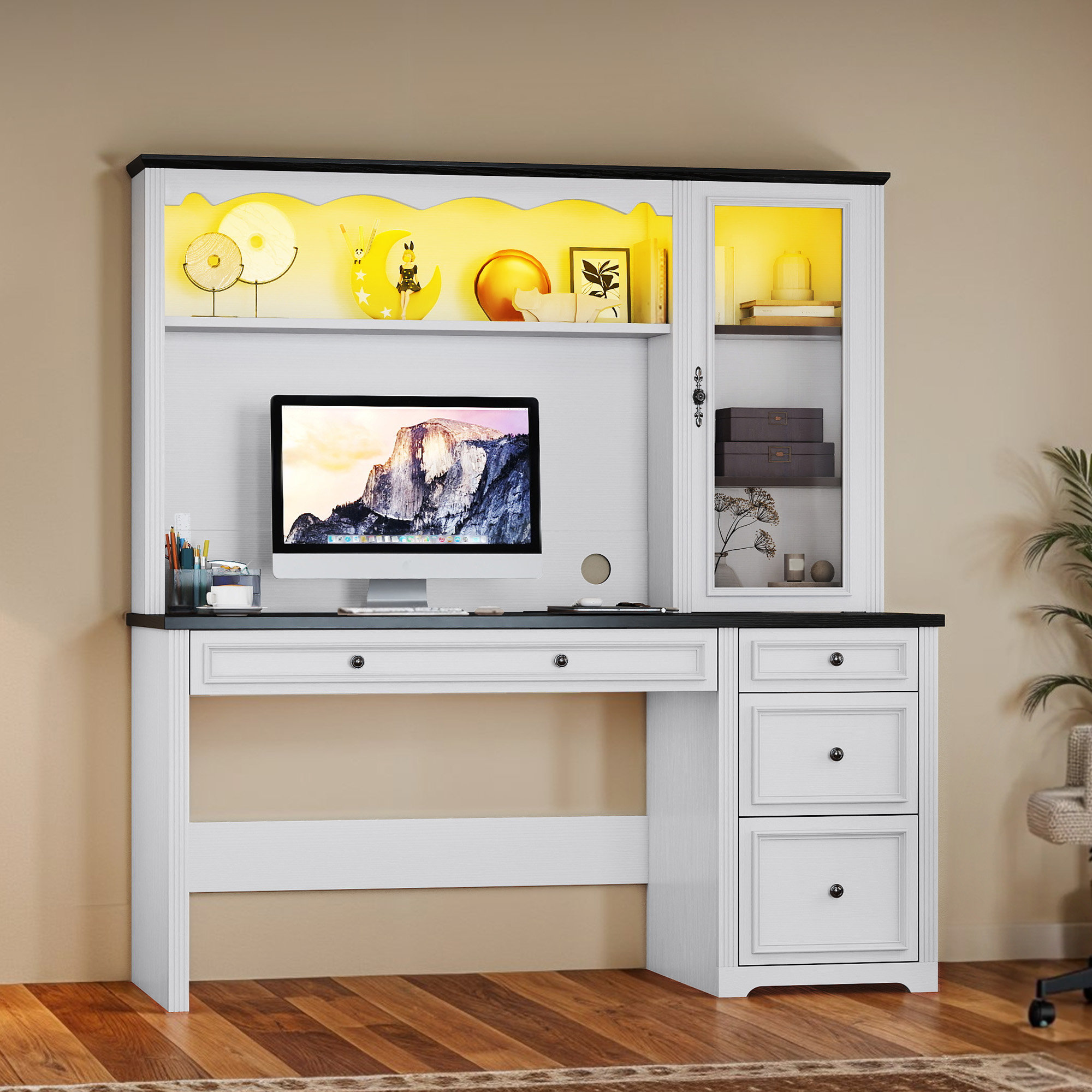 Wrought Studio Farmhouse Executive Desk With Power Outlet & LED Lights ...