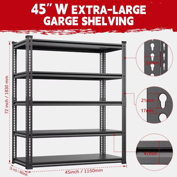 Rebrilliant 48" Wide 5 Tier Garage Storage Shelves Heavy Duty Metal ...