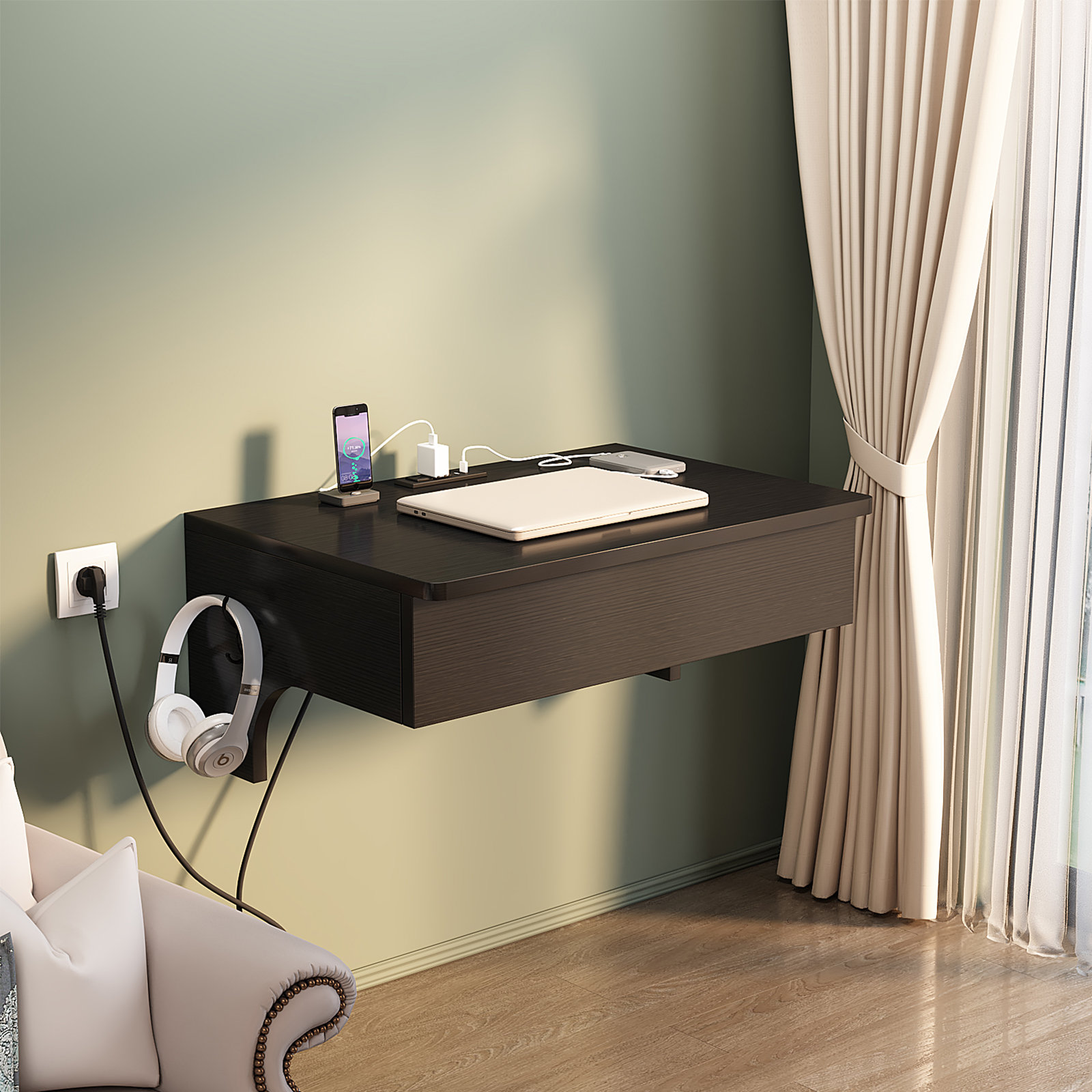 Ebern Designs Wall Mounted Laptop Desk with Charging Station,Floating ...
