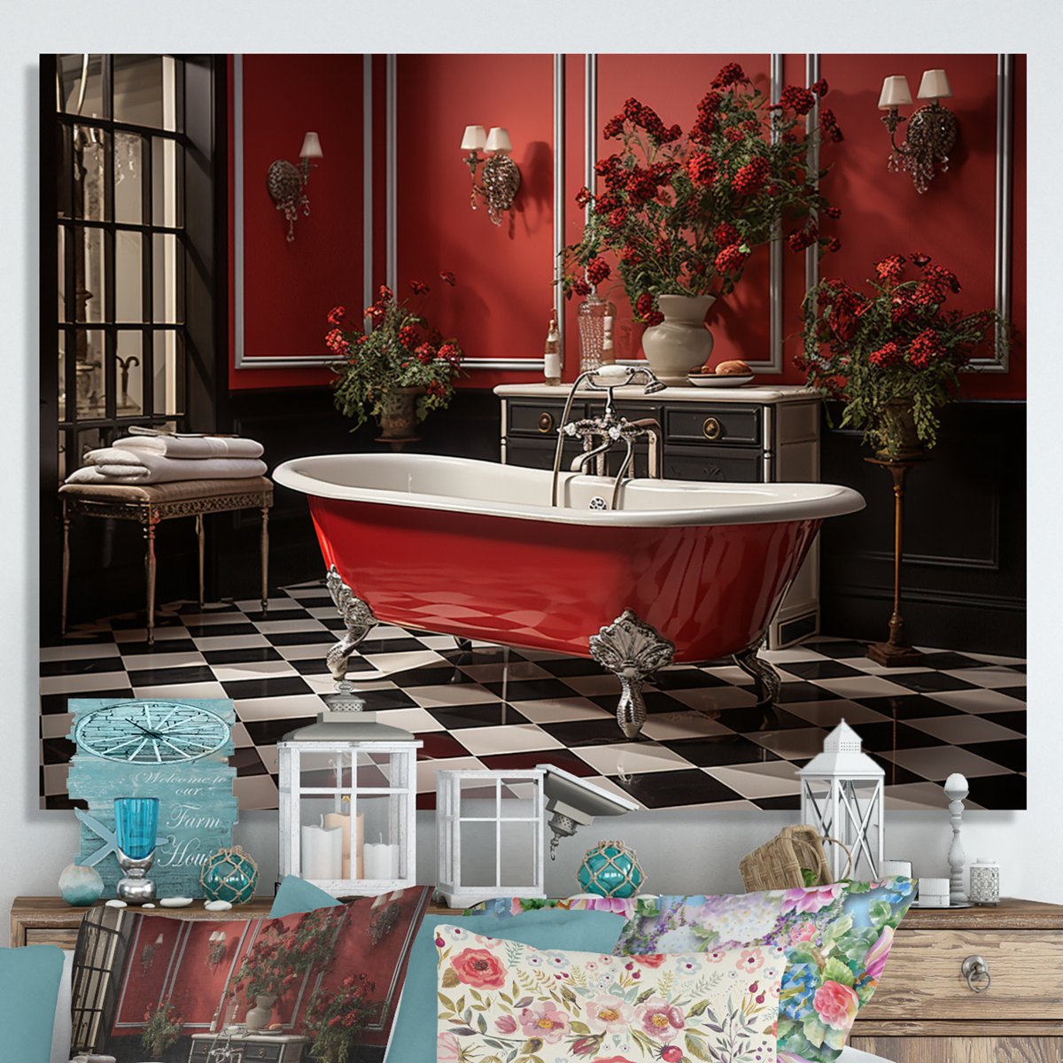Latitude Run® Red Modern Bathroom Charm IV On Canvas Print | Wayfair
