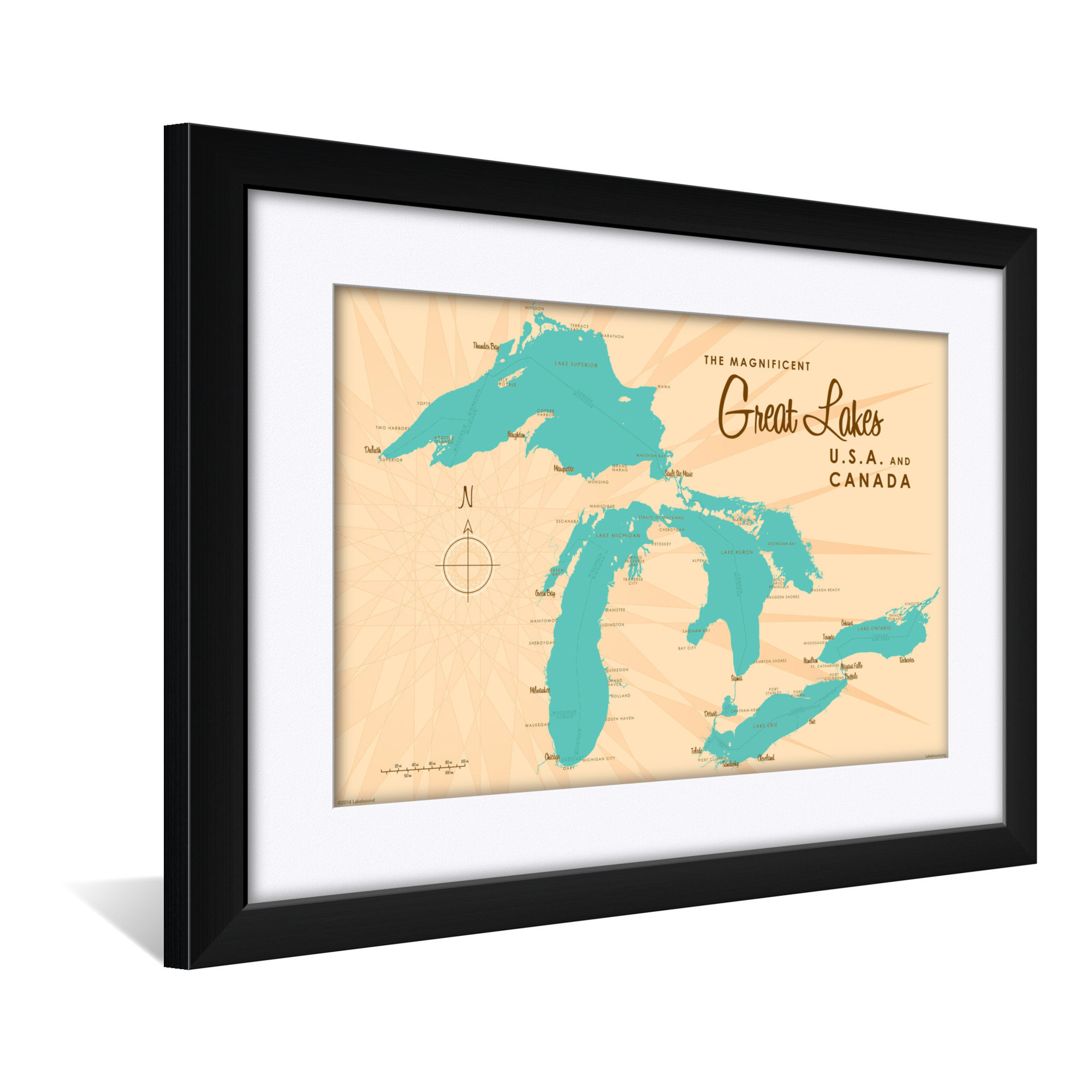 Breakwater Bay Great Lakes Map Professionally Framed & Matted Art Print ...