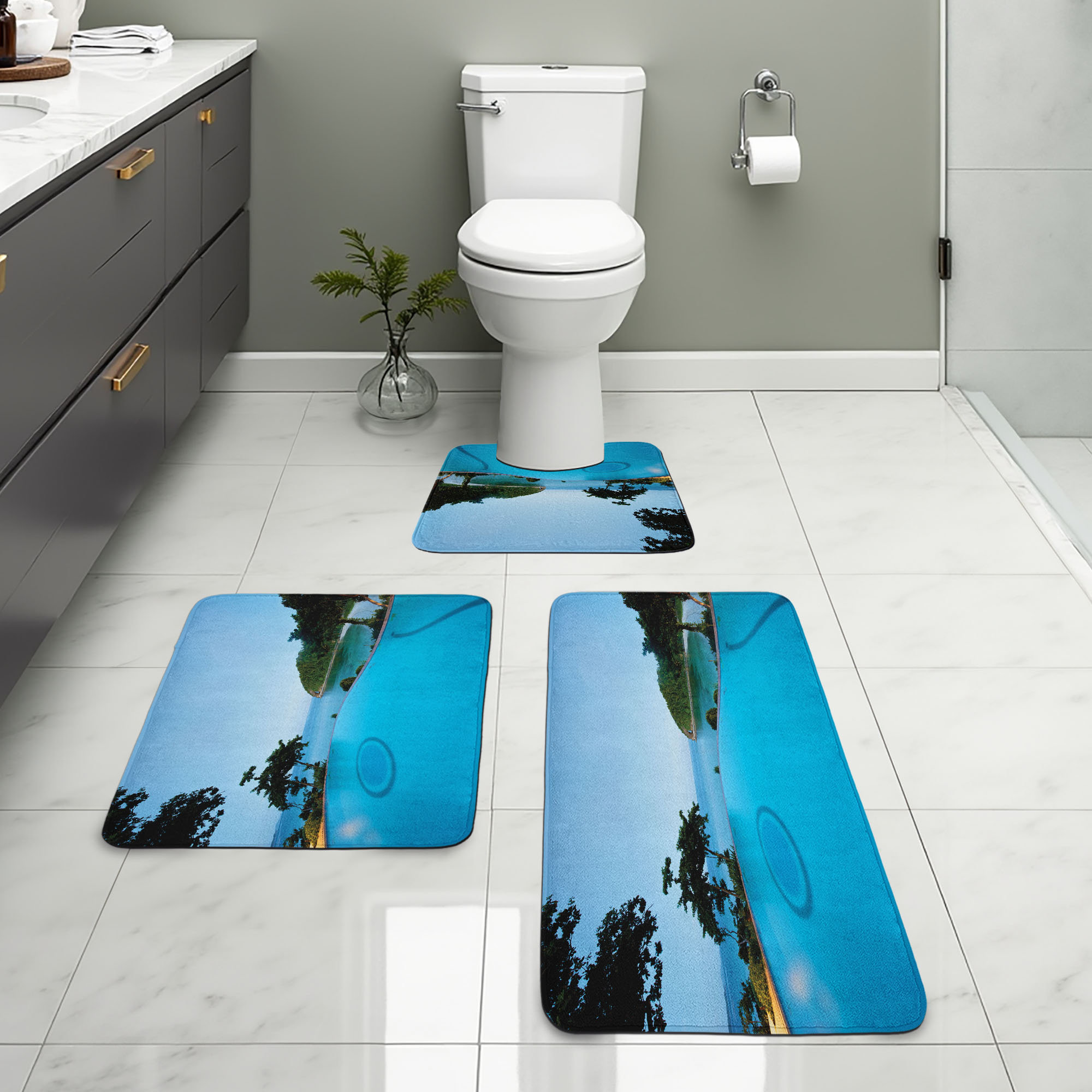 East Urban Home Turquoise Bathroom Rug Set 3 Pieces U-Shape & Rectangle ...