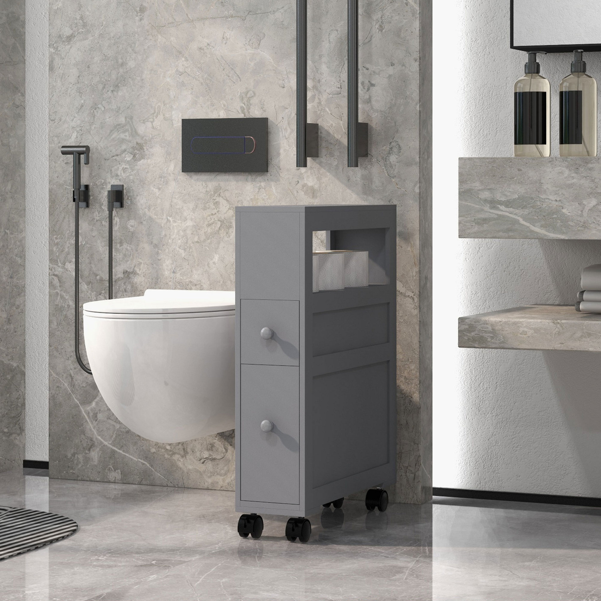 Latitude Run® Wood Rolling Narrow Bathroom Side Storage Cabinet ...