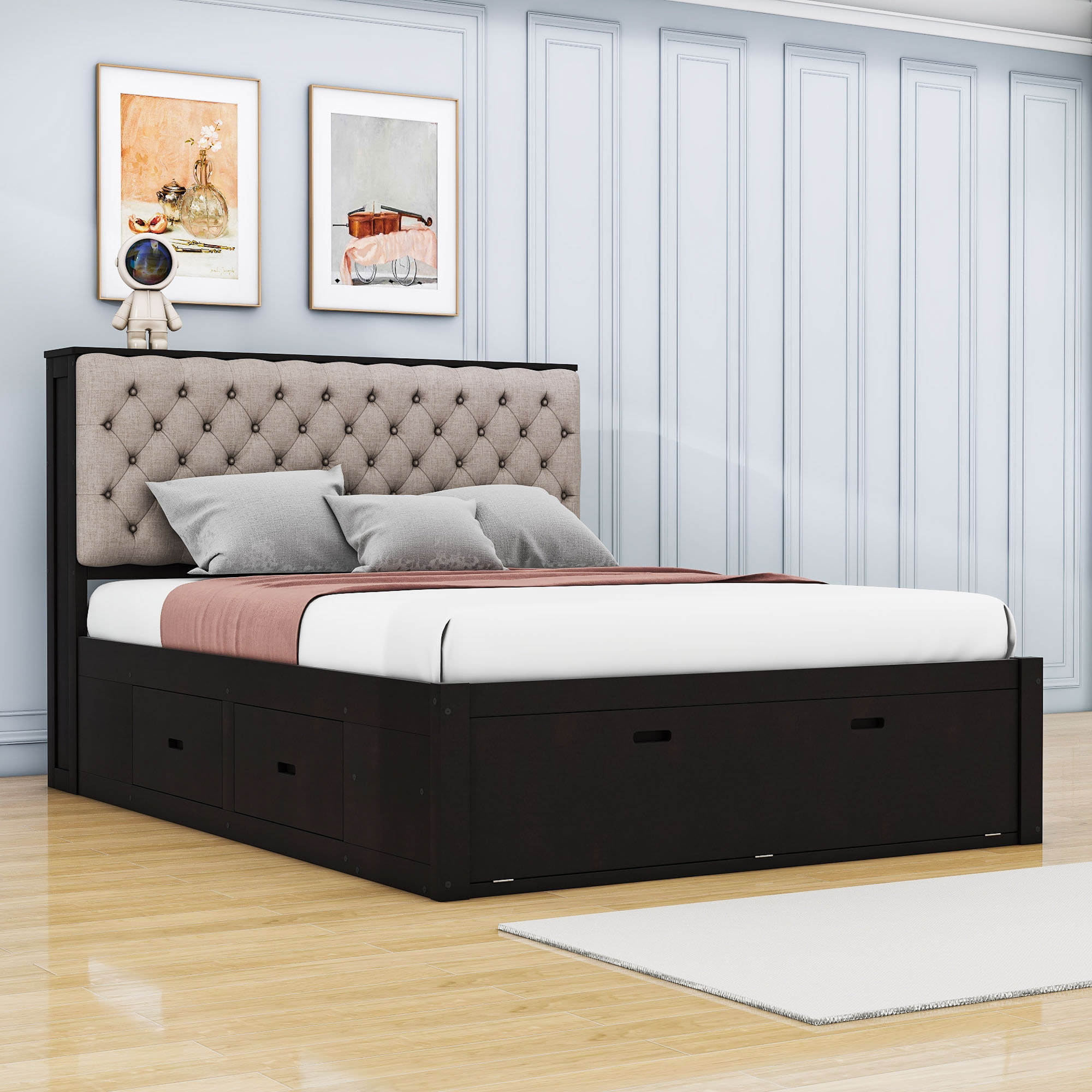 Latitude Run® Wood Queen Platform Bed with 4 Drawers,Storage Headboard ...