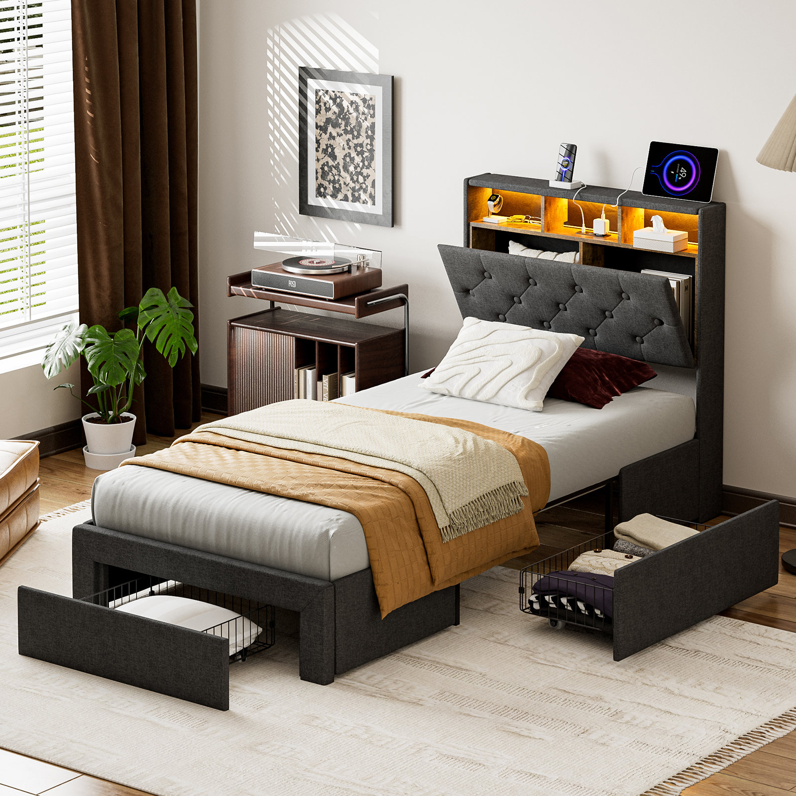 Ivy Bronx Twin Xl Bed Frames With Storage Drawers, Hidden Storage ...