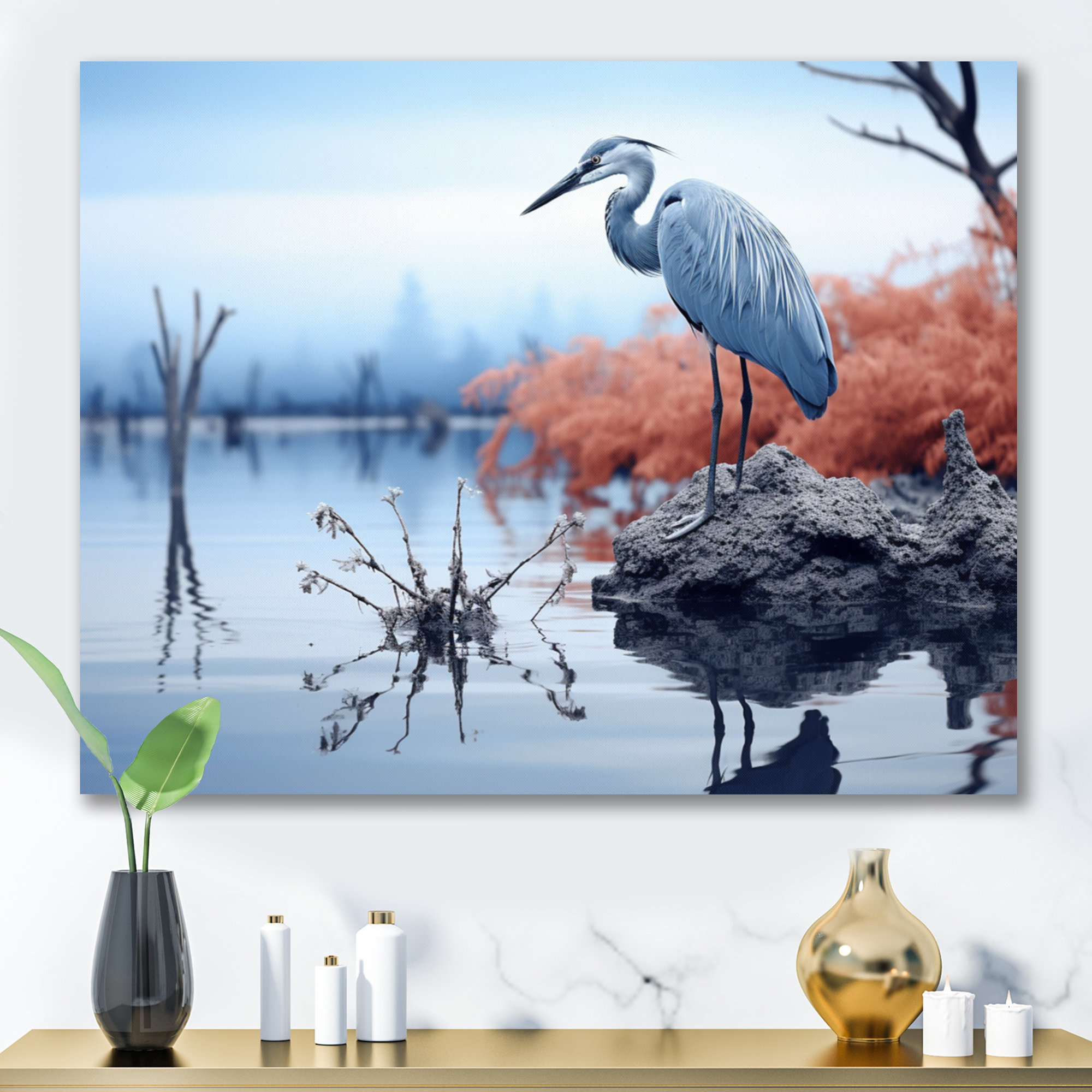 Latitude Run® Heron Silent Waters Blue On Canvas Print | Wayfair