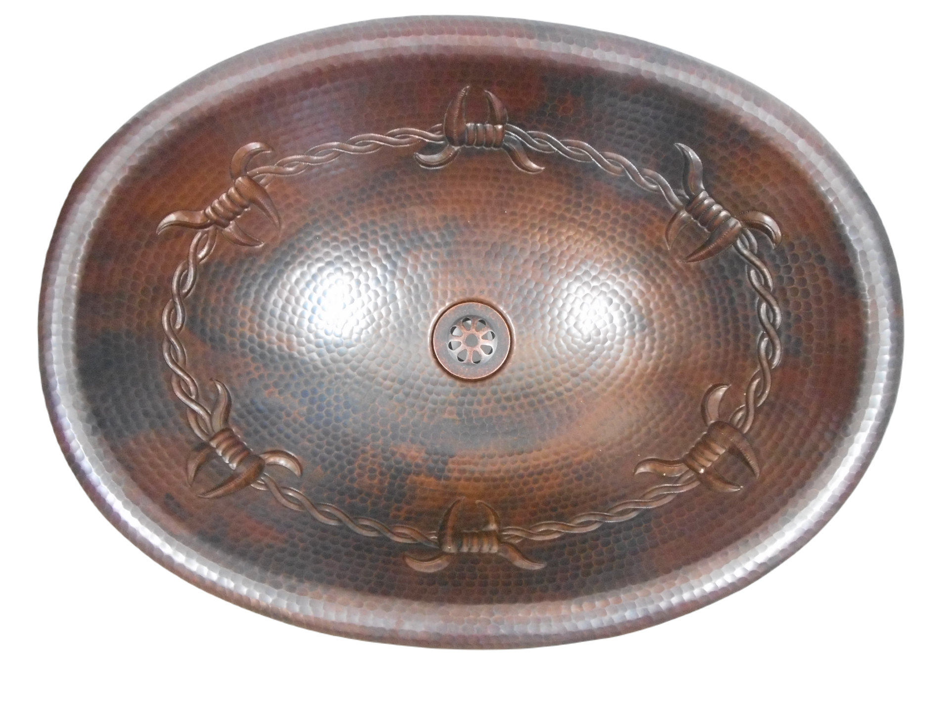 SimplyCopper 19" Oval Copper Bathroom Sink Barbed Wire Design, Drain ...