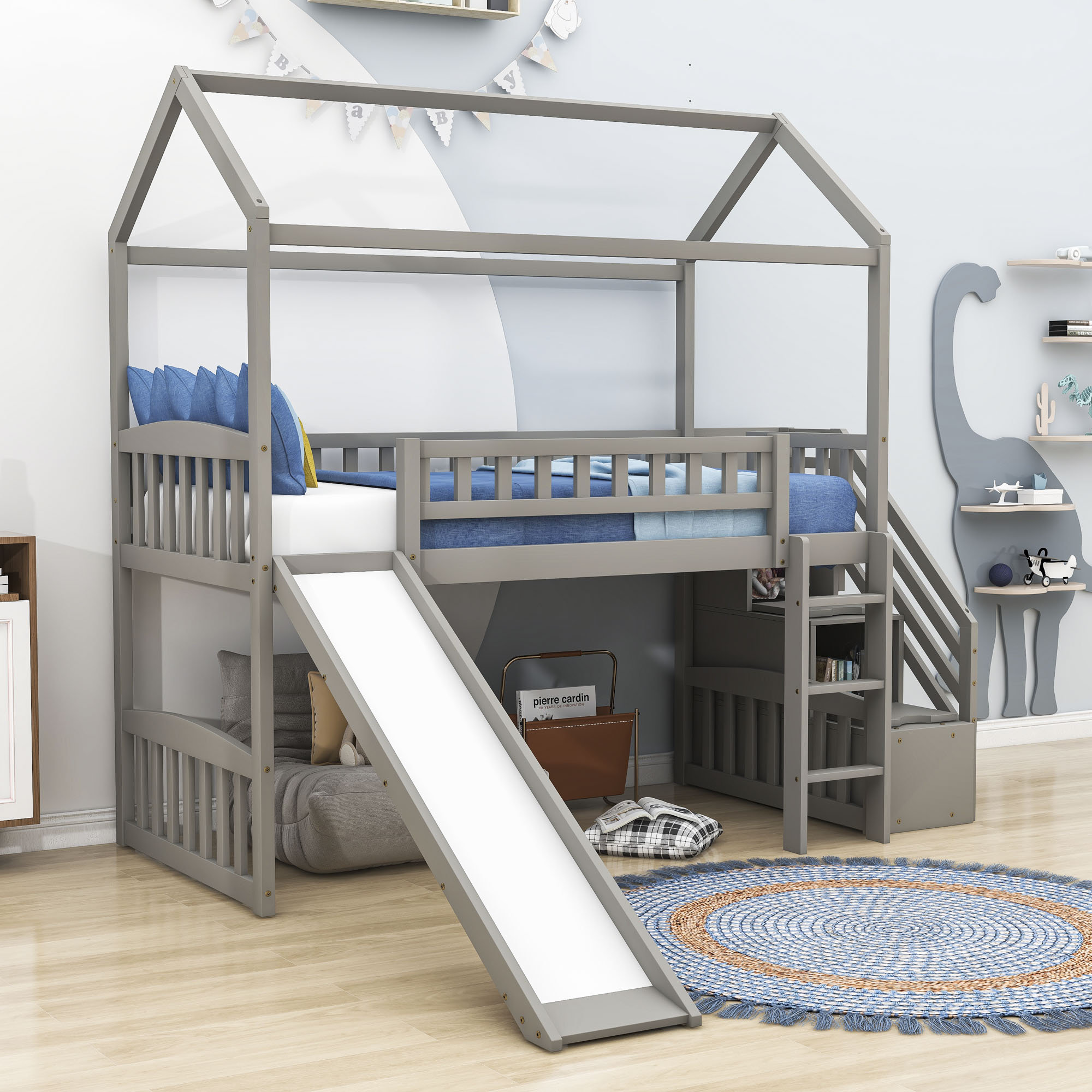 Harper Orchard Twin Size Wooden House Loft Bed With Slide And Storage ...