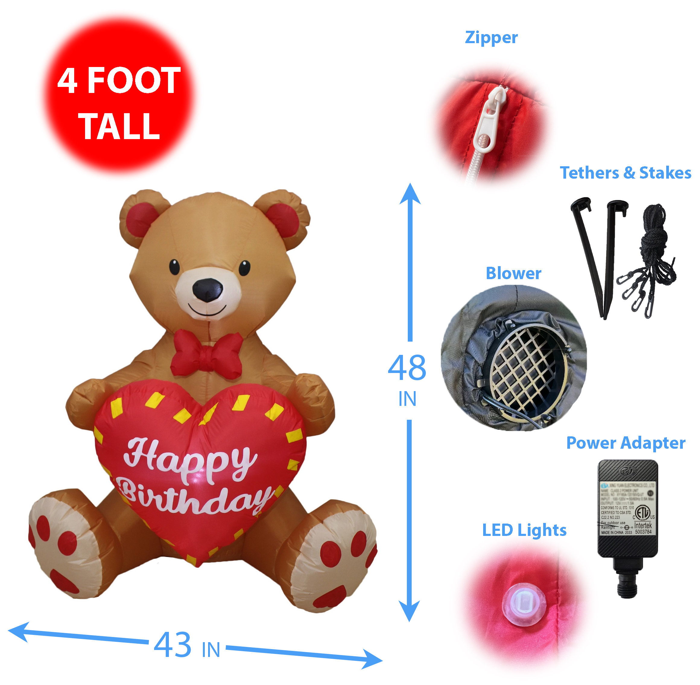 Trinx 4 Foot Tall Inflatable Happy Birthday Teddy Bear with Love Heart ...