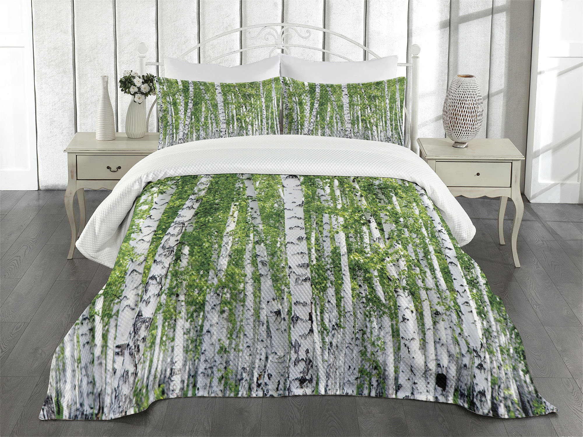 Ambesonne Birch Tree Bedspread Set Fresh Summer Leaves Green White ...