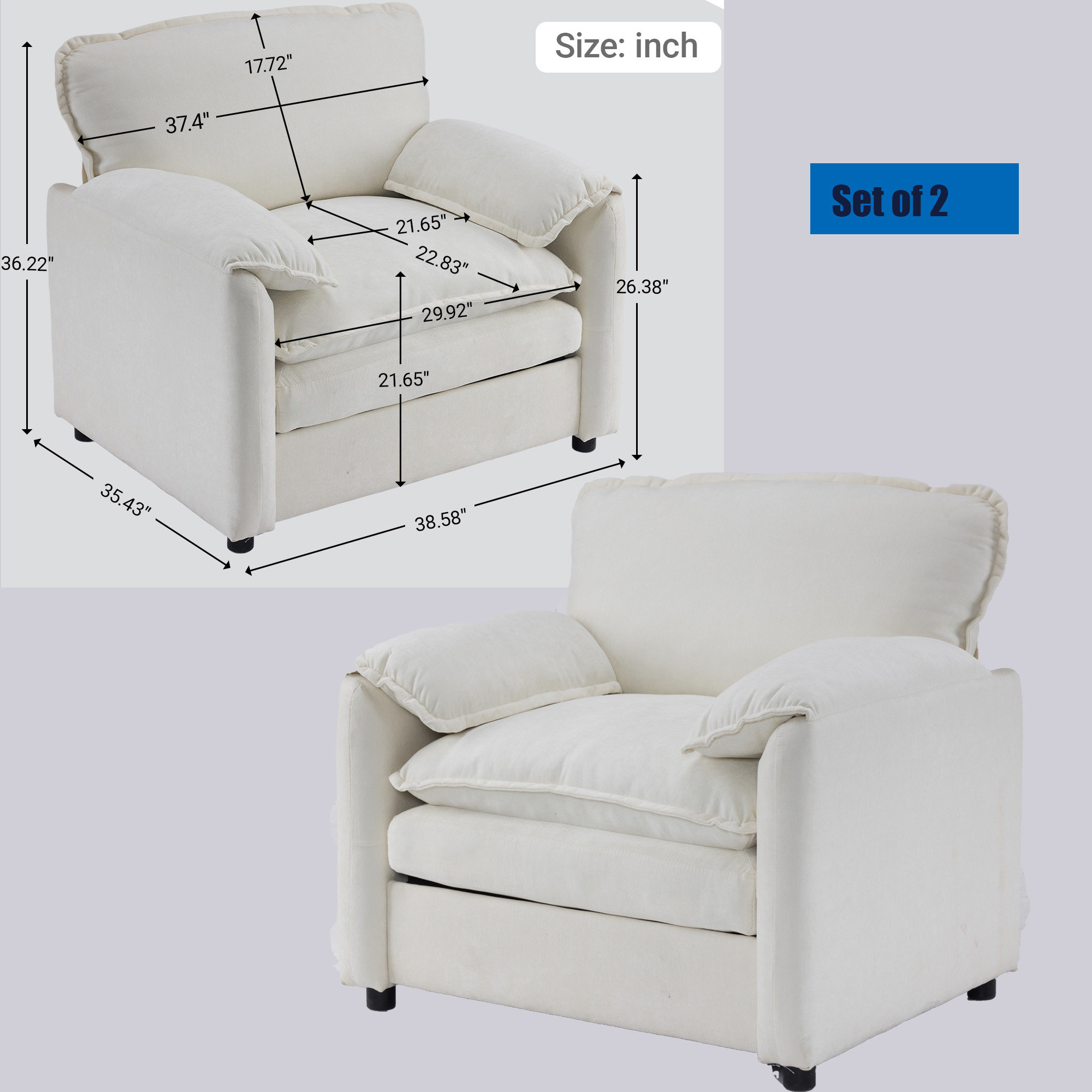 Hokku Designs Anakah 38" Oversized Chenille Lounge Chair, set of 2 ...