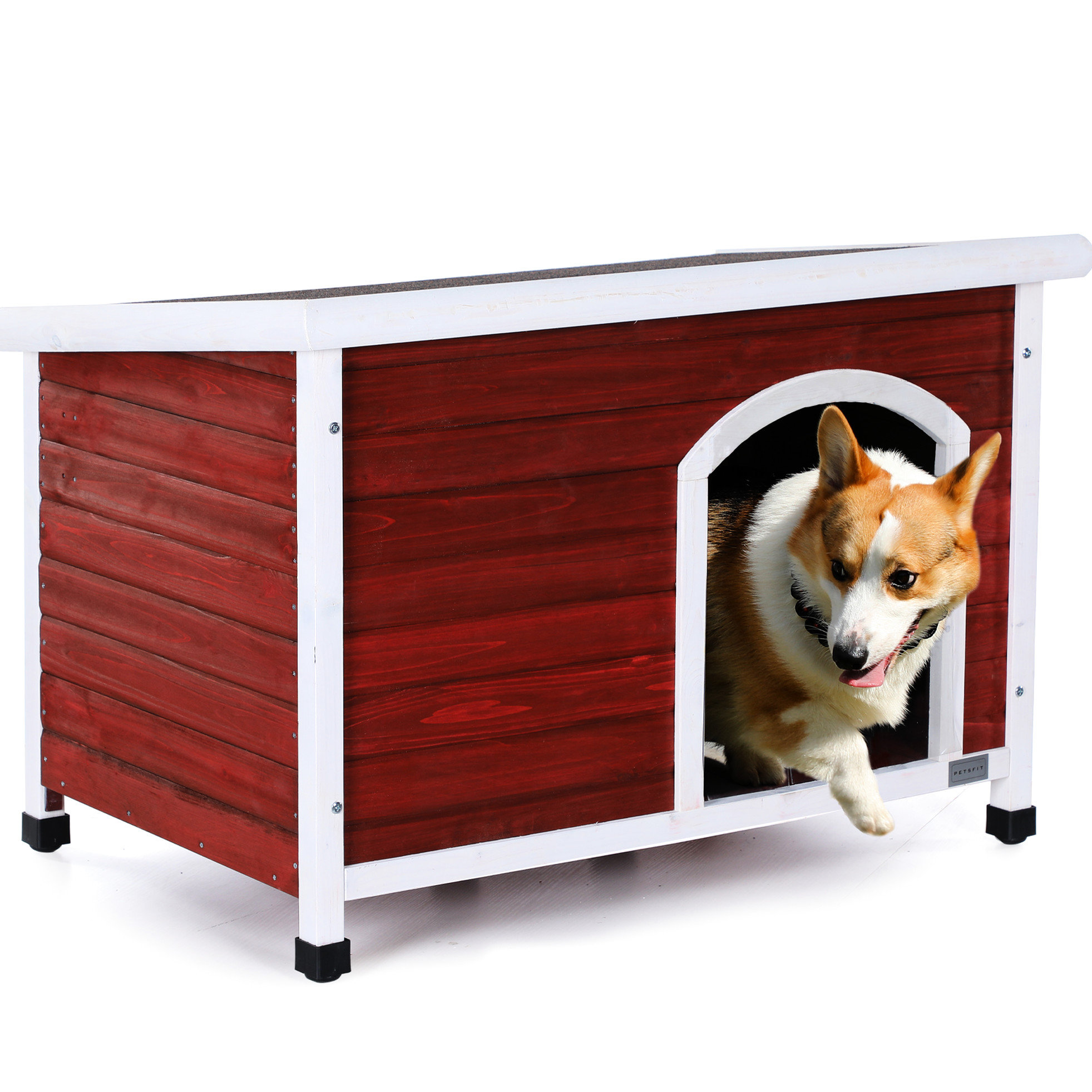 Ophelia & Co. Medium Wooden Dog House, Red - Waterproof Roof & Elevated ...