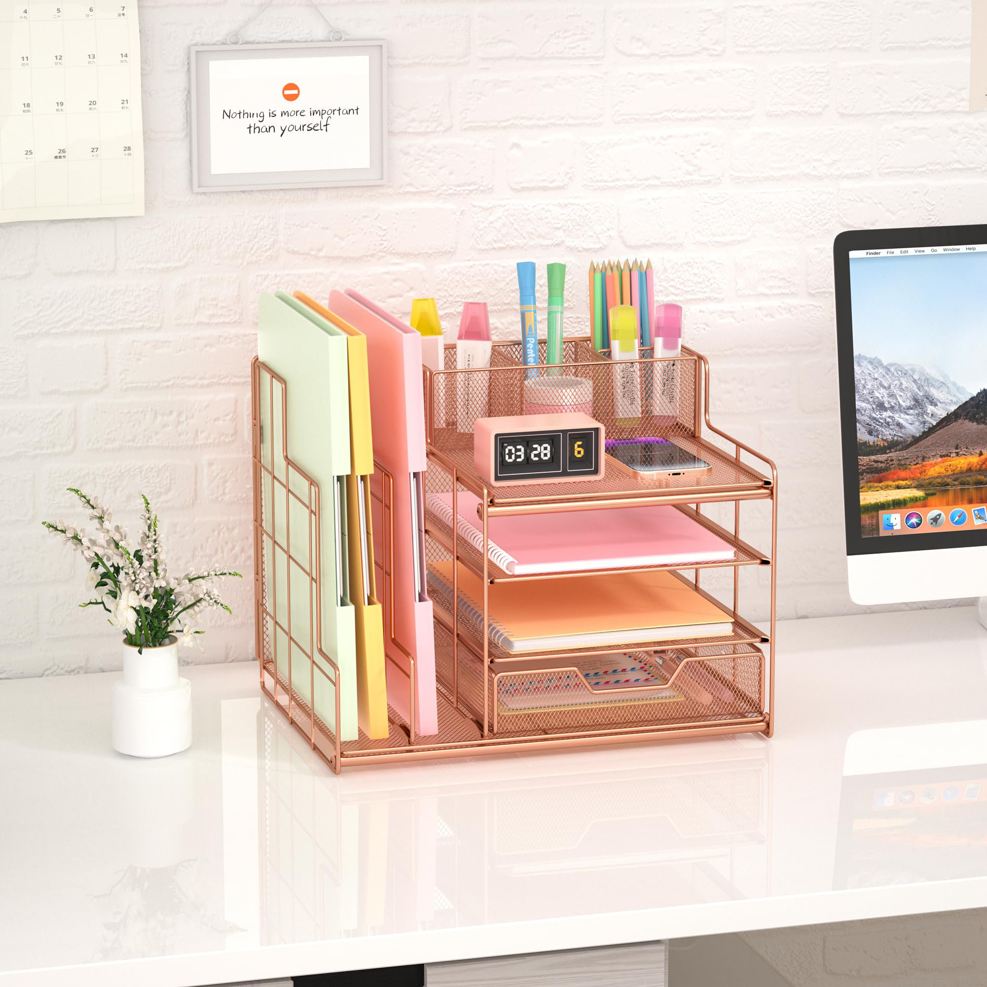 Inbox Zero Rose Gold Mesh Desktop Organizer With Drawer, File Sorters ...